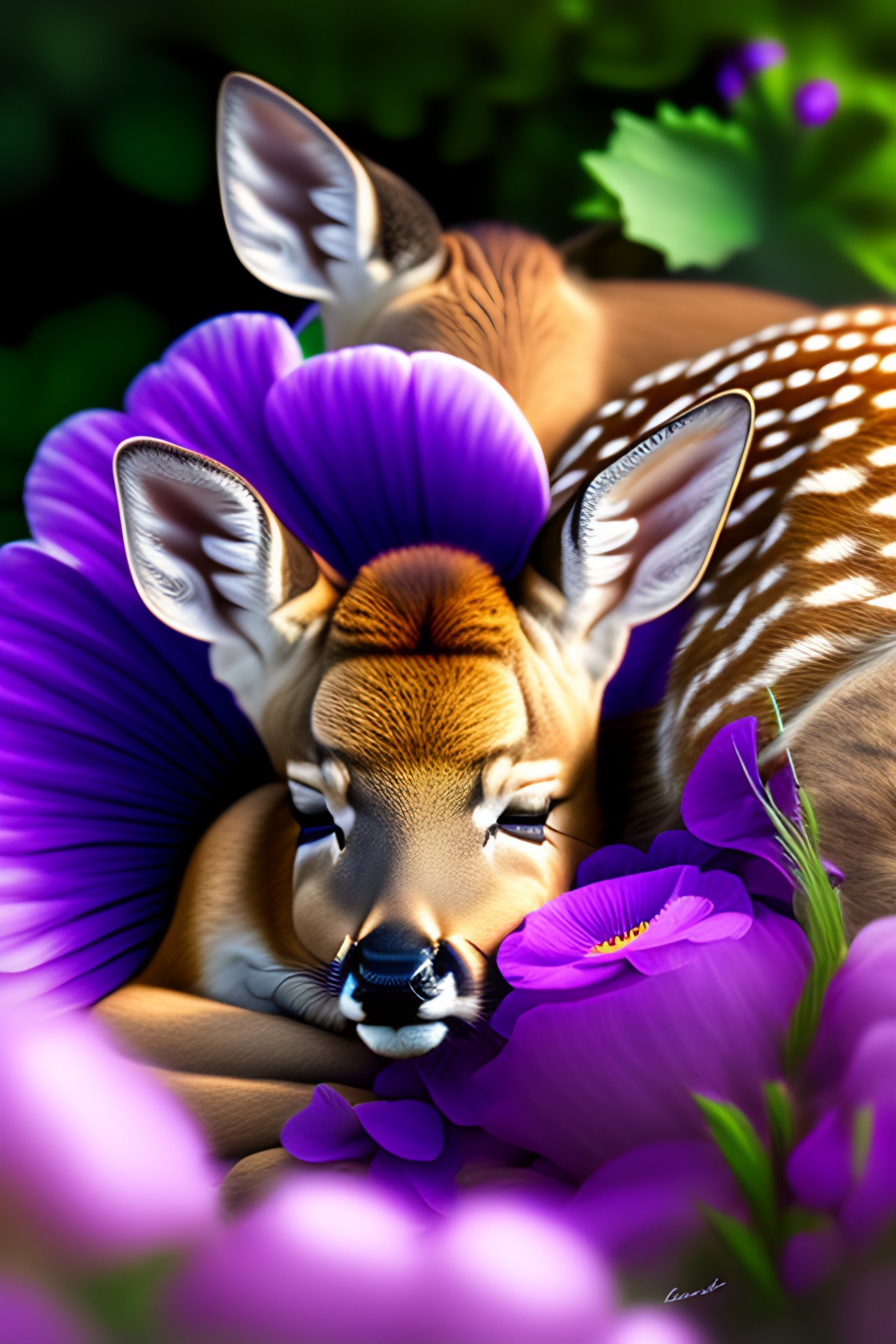 Lexica - Deer fawn sleeping in giant purple hollyhock flower, digital ...