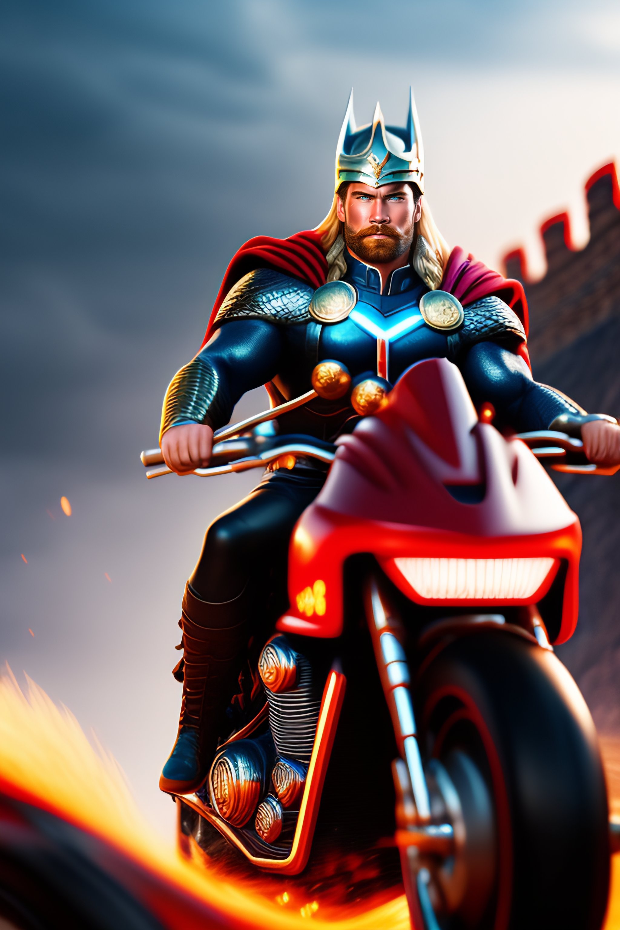 Lexica - An action scene of thor riding a motorcycle, on the great wall ...