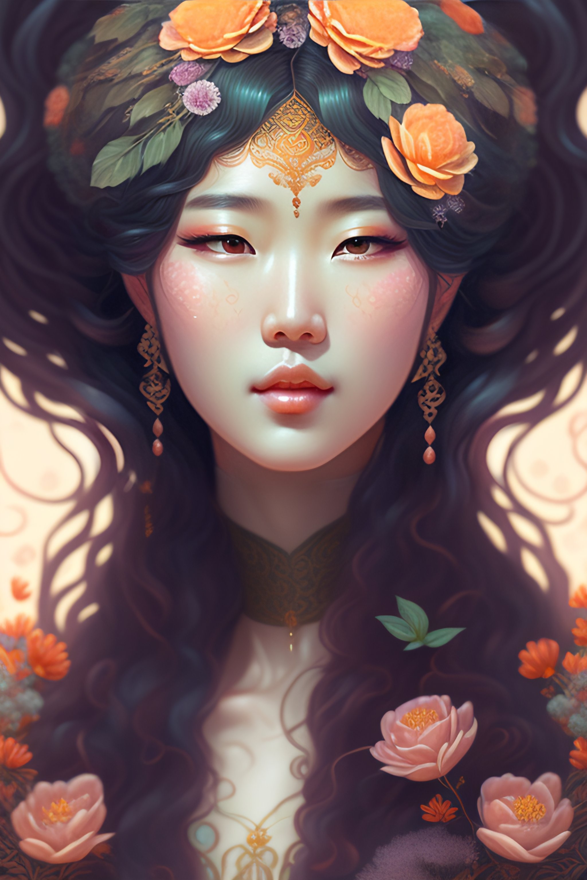 Lexica - Beautiful cute front portrait Korean ninfa, big long curly ...