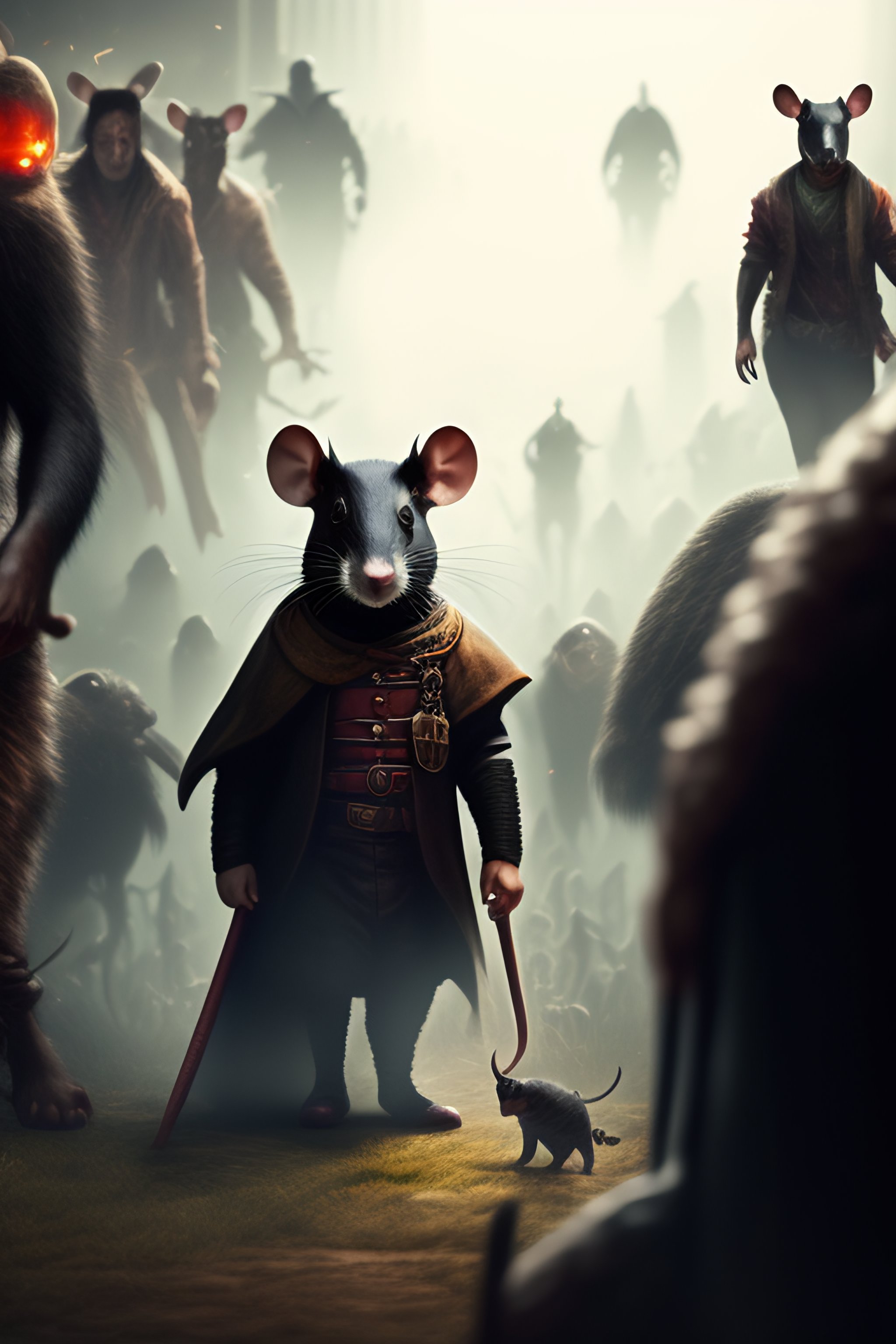 Lexica - A clothed black rat in front of a horde of zombies