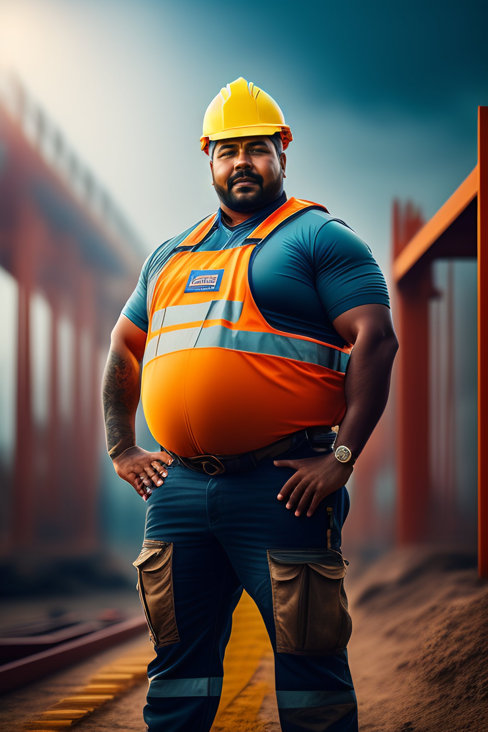 Lexica - A construction worker, with a (large round belly), amateur photo