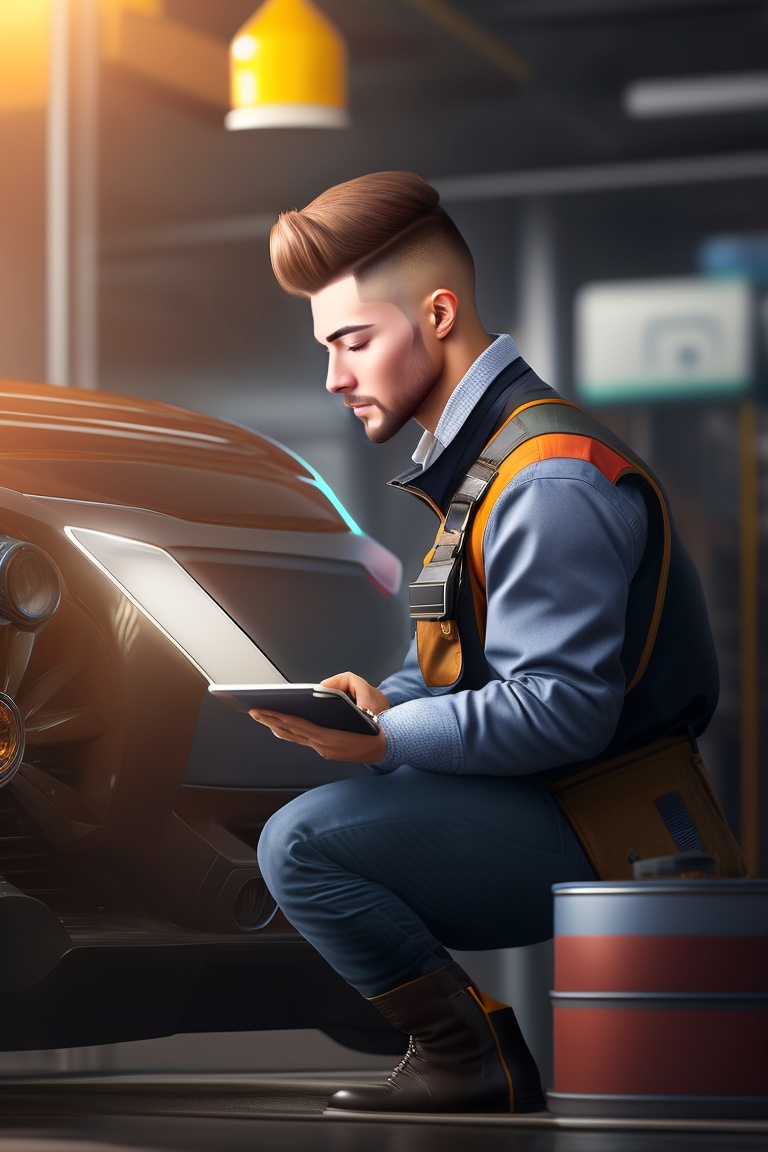 Lexica - A young mechanic wearing a uniformwith with a tablet is ...