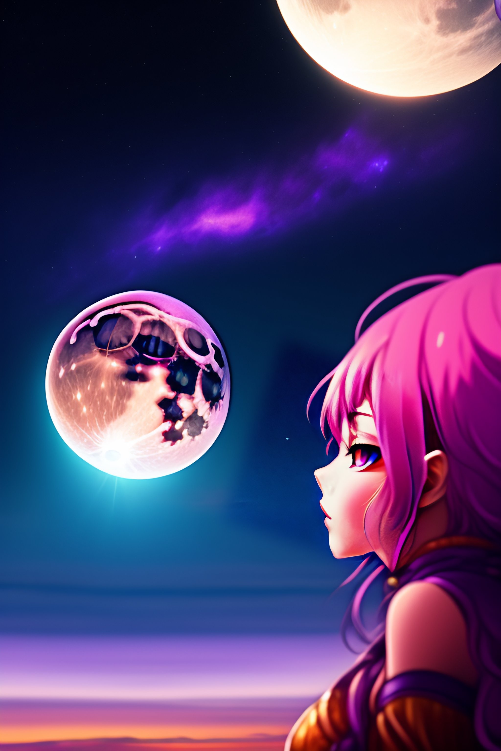 Lexica - Full moon, pink moon, anime, anime girl, long hair, view in ...