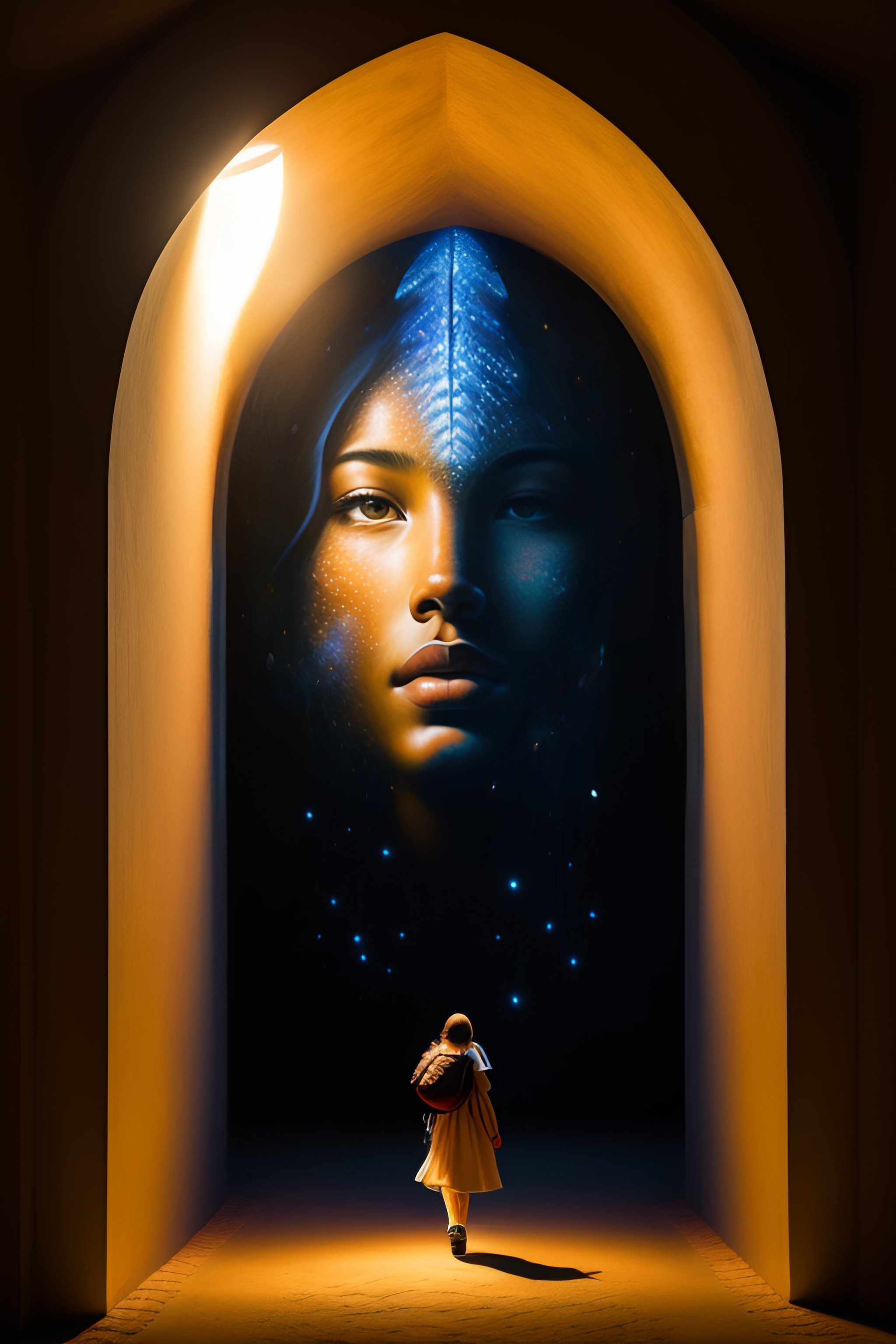 Lexica - Girl walking through a cave towards a gigant female face ...