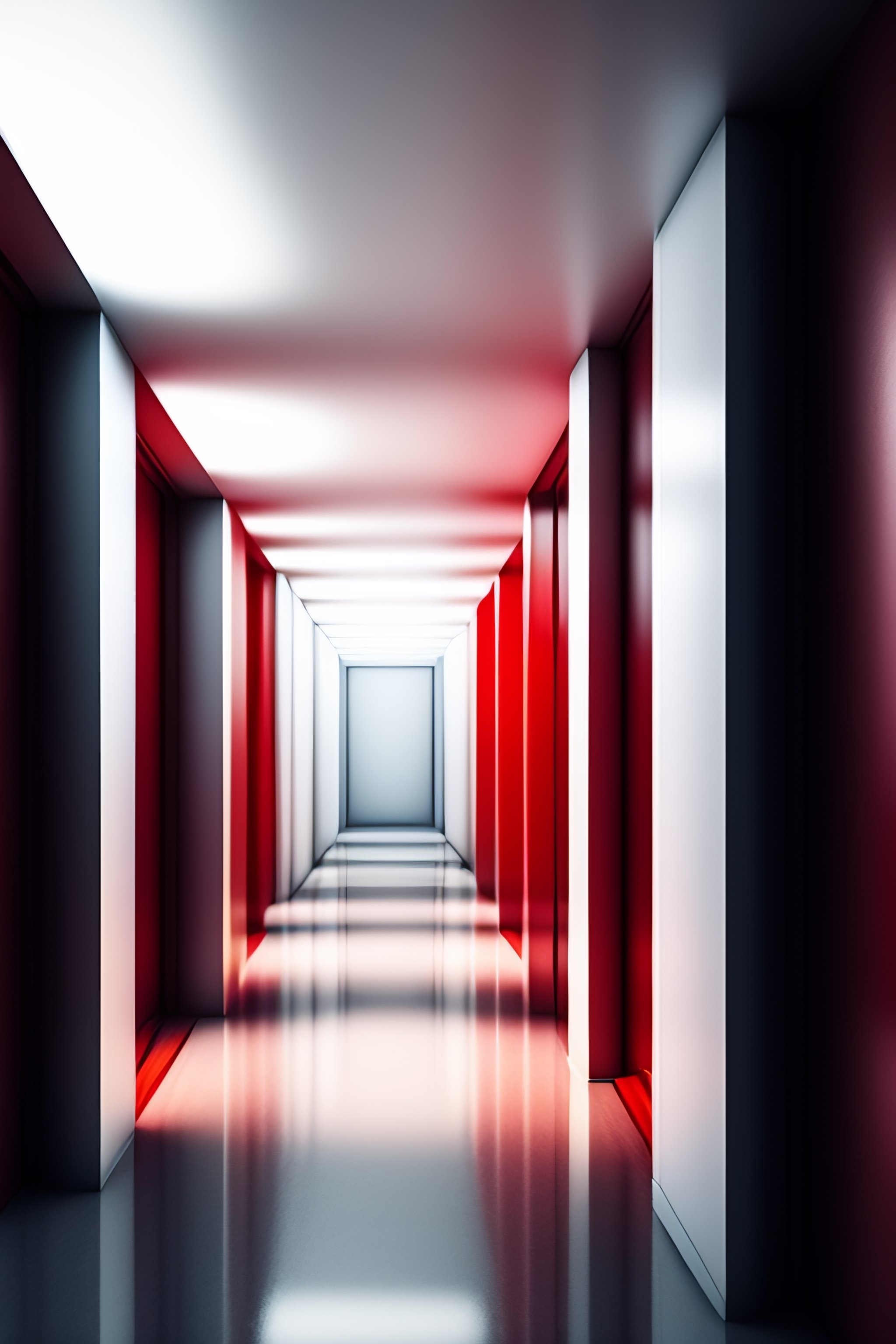 Lexica - A very long featureless white hallway with a single red door ...