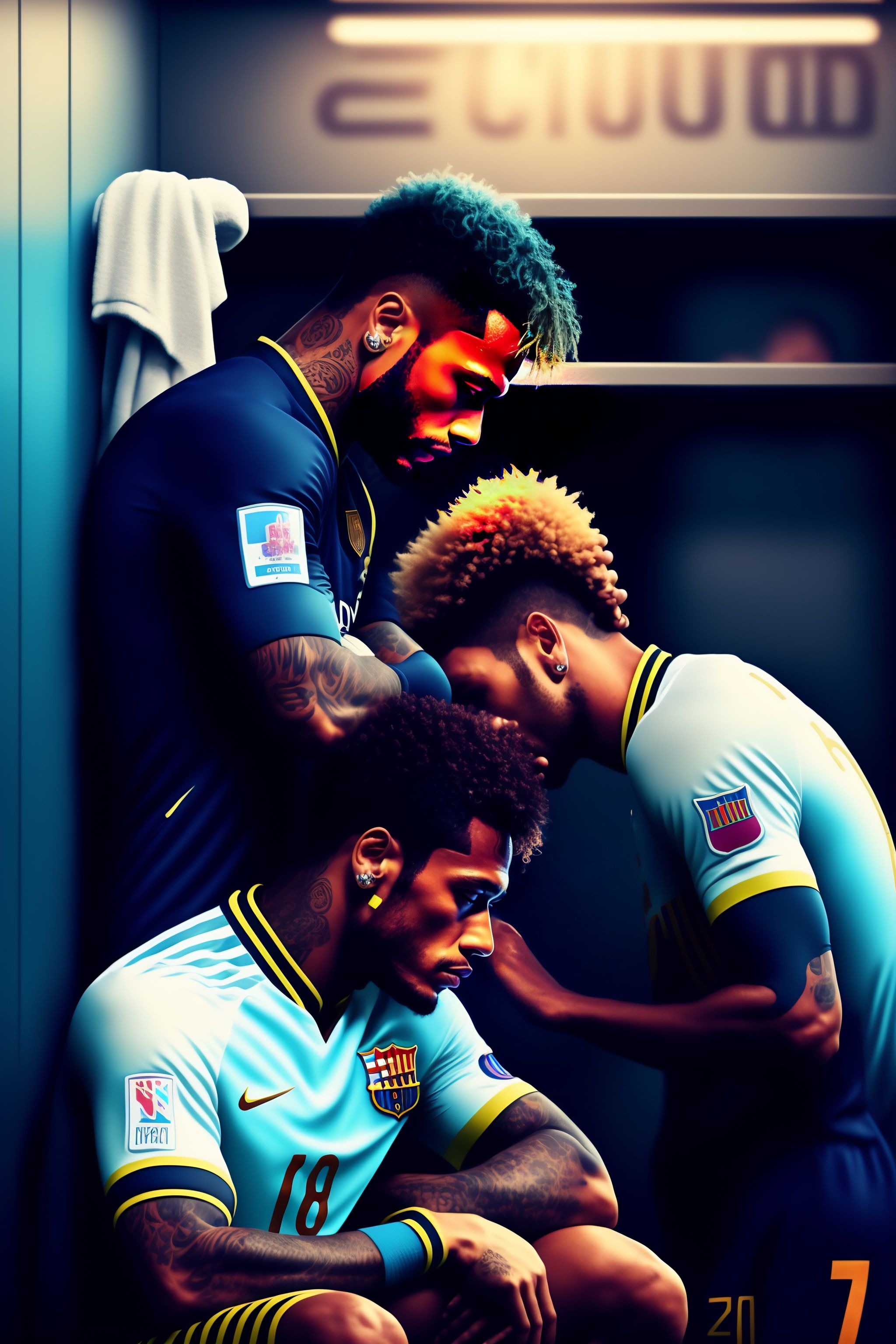 Lexica - Neymar sat on the locker room bench, holding his head and ...