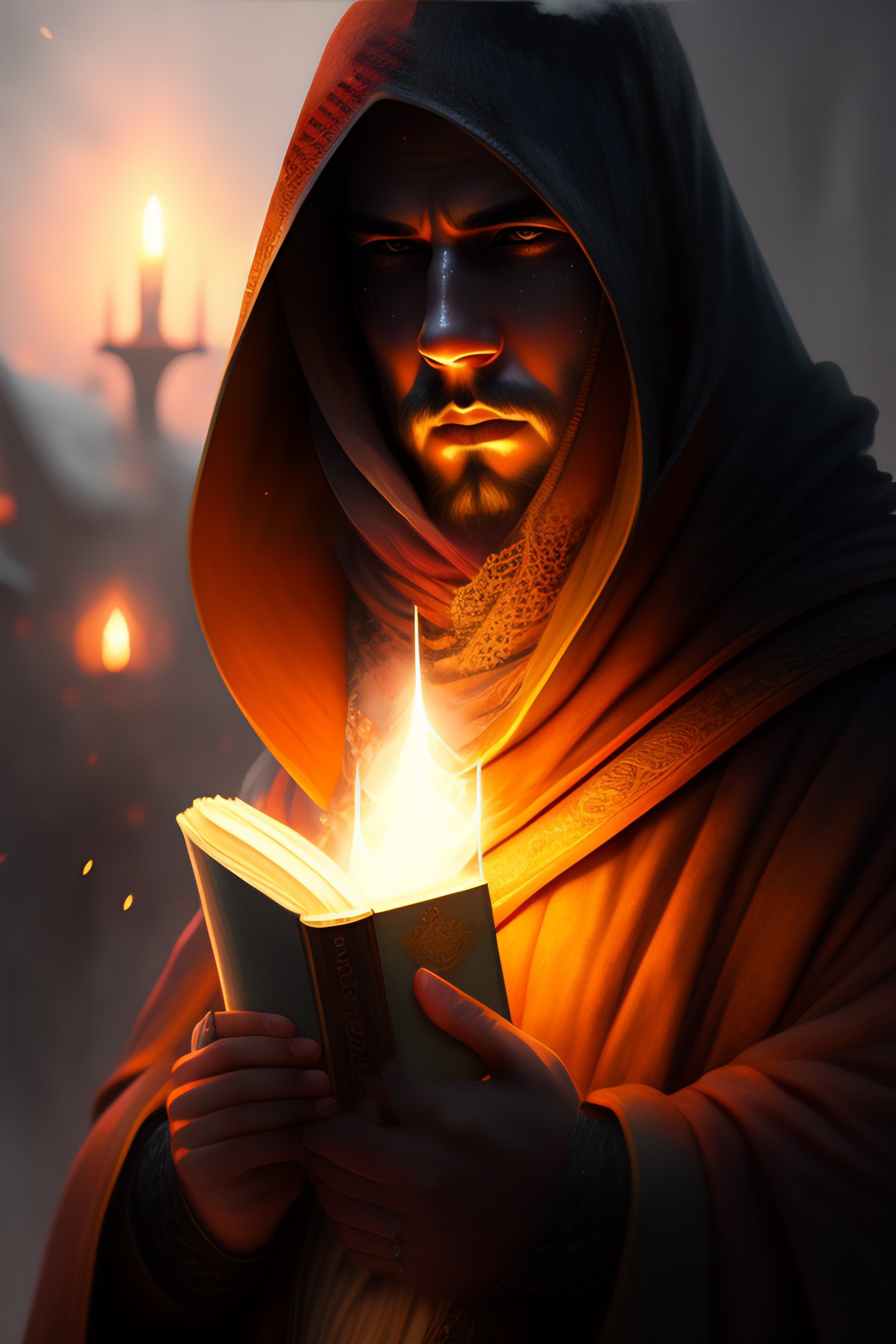 Lexica - Front portrait of a hooded mage holding a tattered magical ...