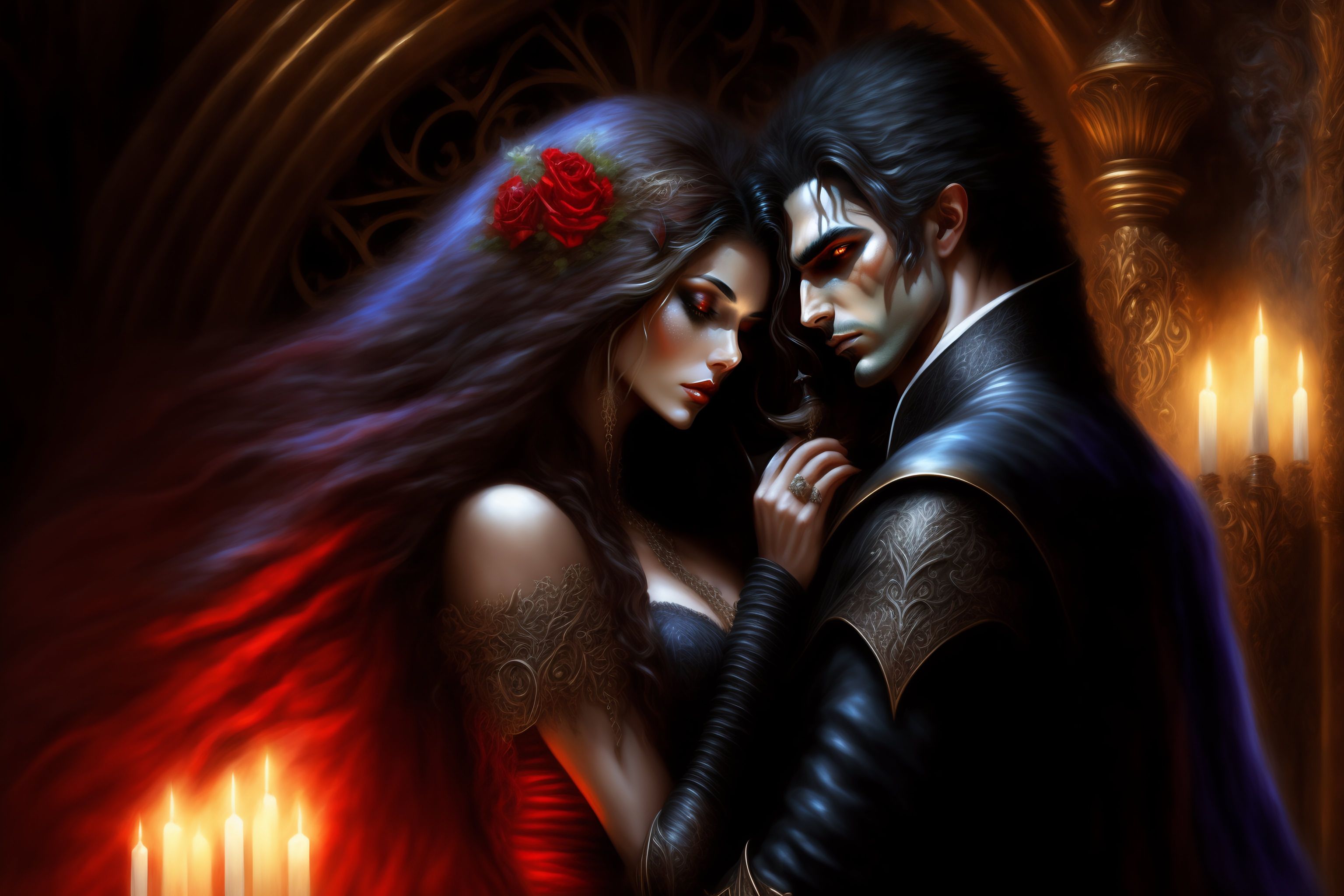 Lexica - , a vampire couple hugs kiss,, in castle gothic room, lusi royo art , artgerm,