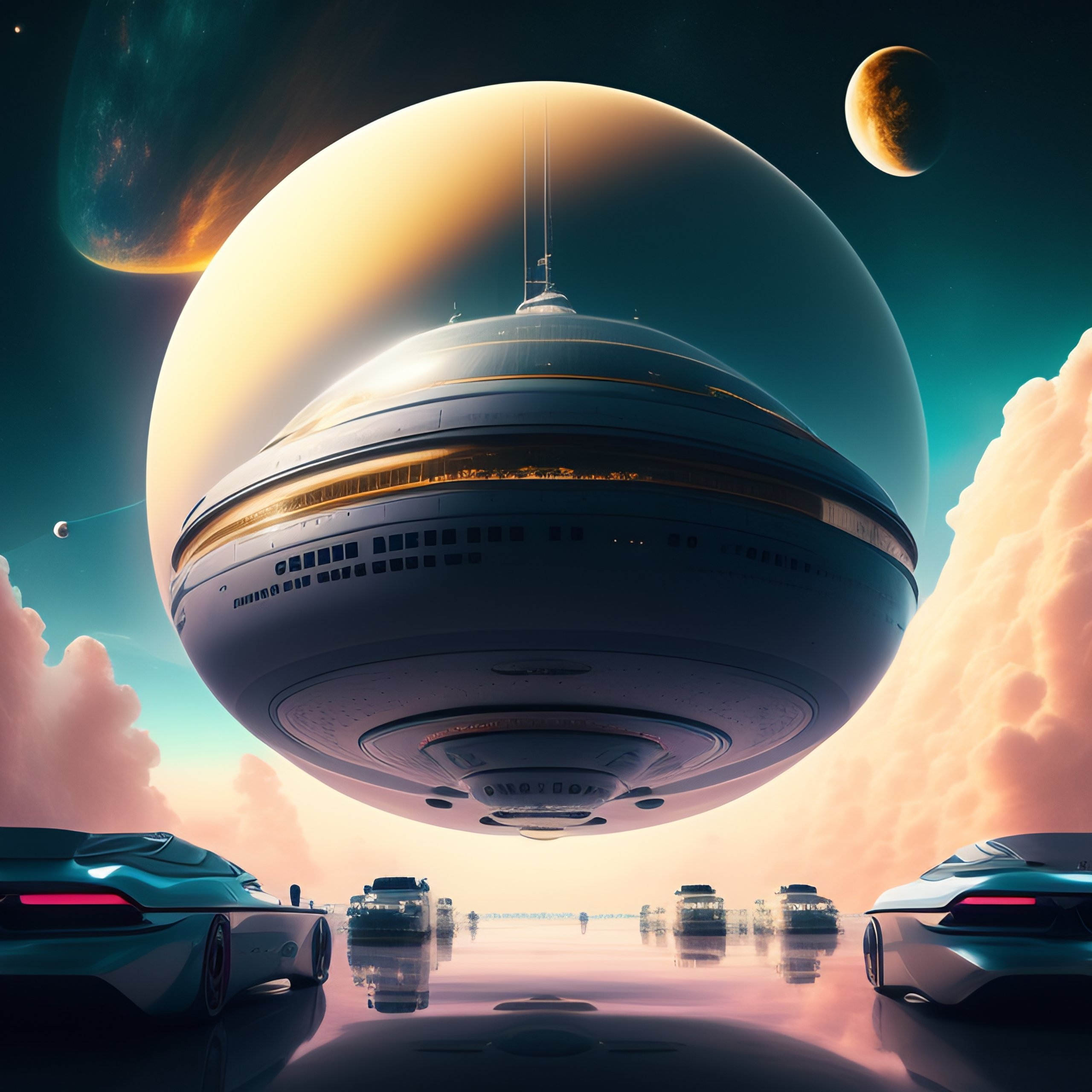 Lexica - Space full of floating buildings, cars, people, trees, animals ...