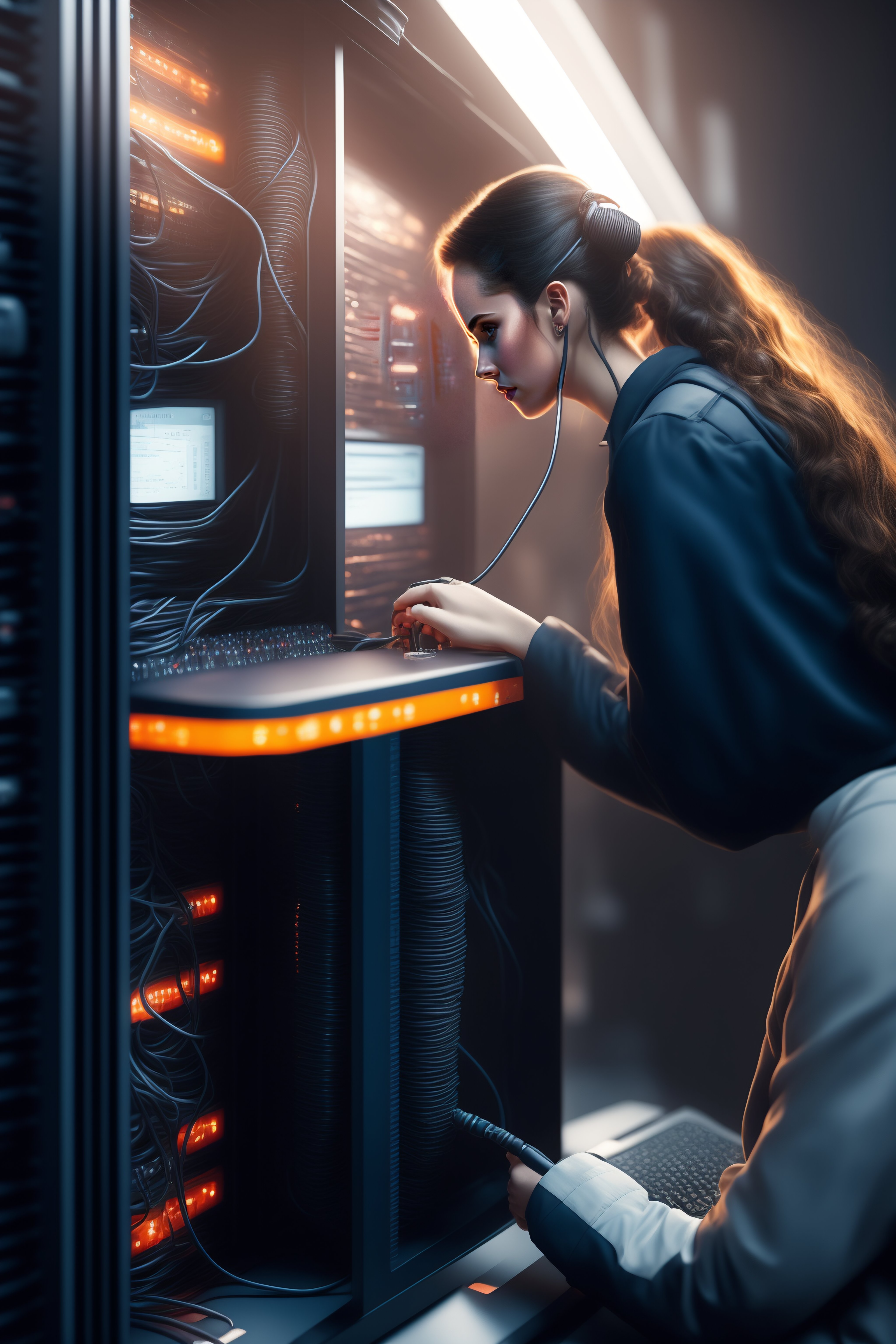 Lexica - Illustration an it guy who is plugging a girl through cables ...