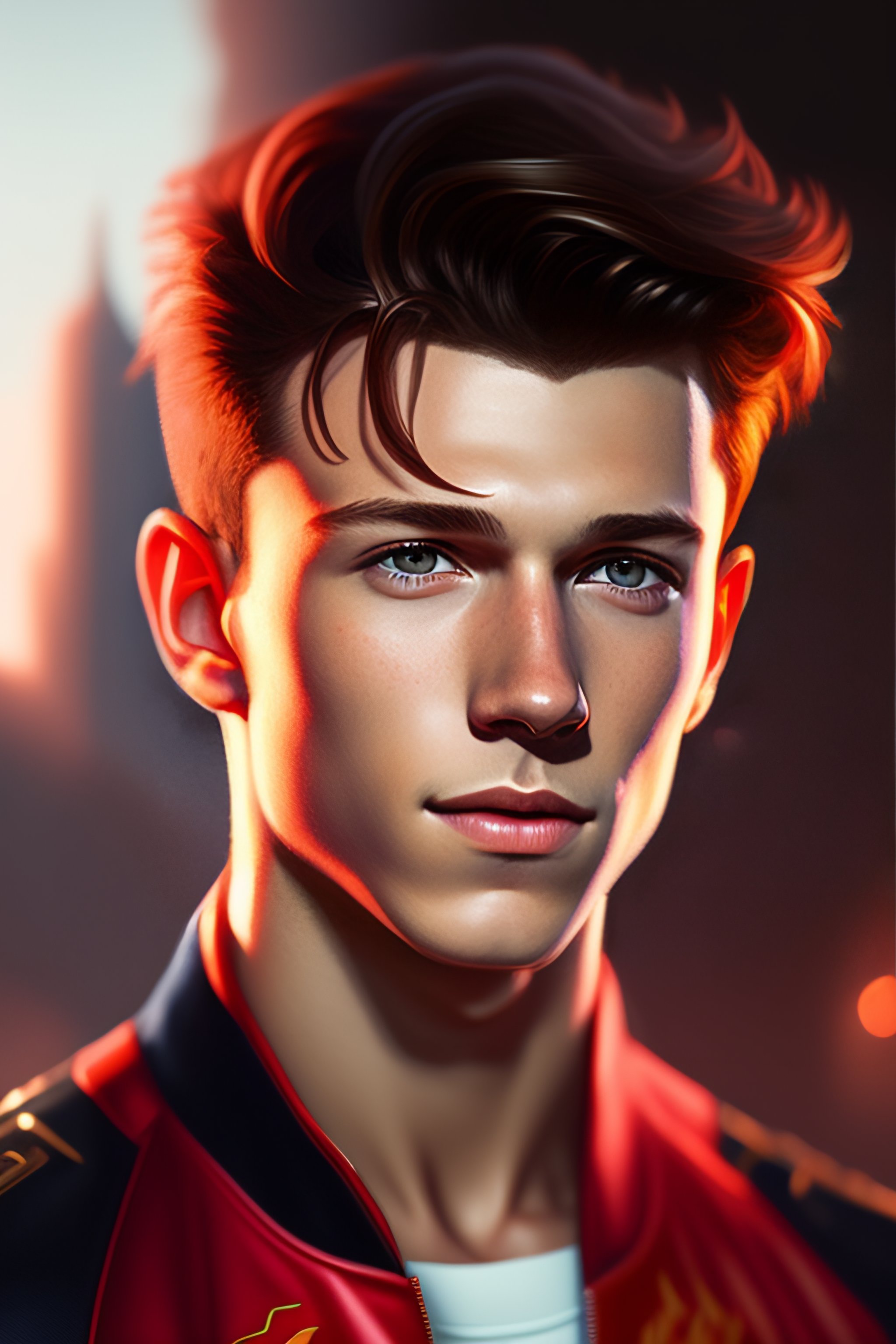 Lexica - Portrait of tom holland with hazel eyes, hazel eyes, red shirt ...