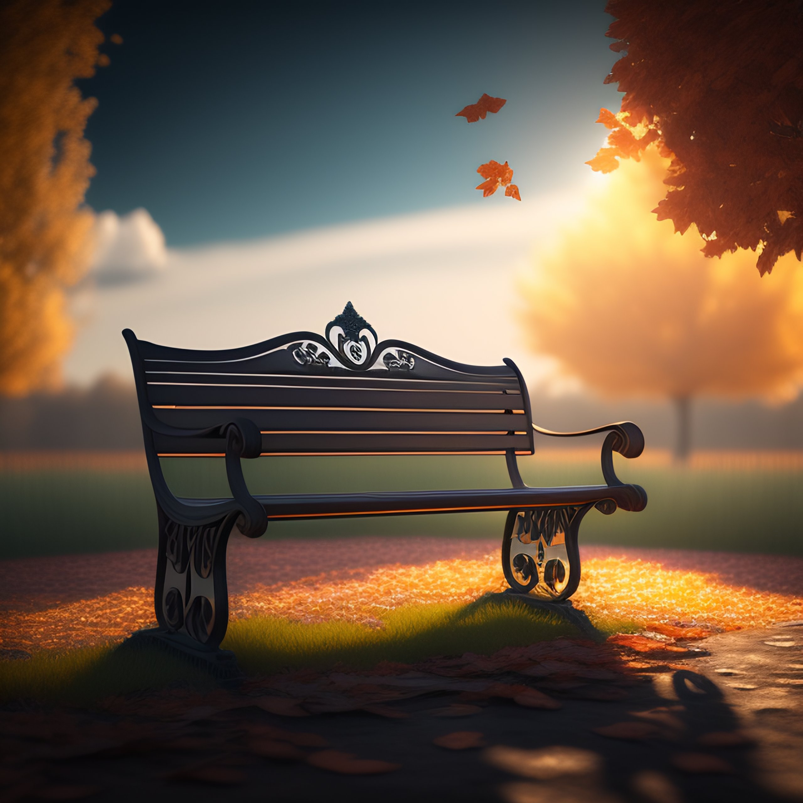 Lexica - Old bench with swirl of leaves on top, magritte clouds, dead ...