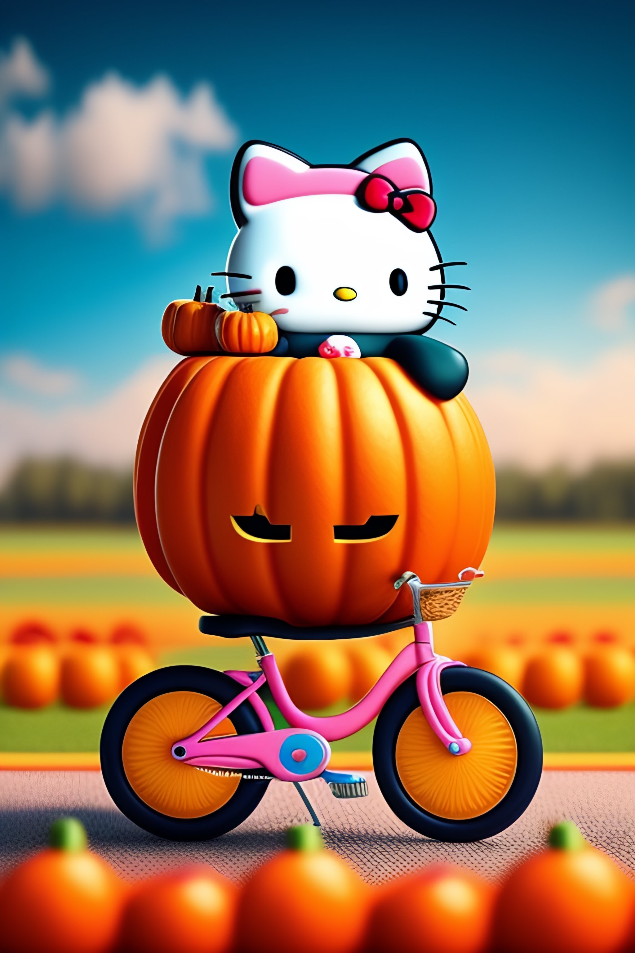 Lexica - Hello kitty riding a bicycle with a pumpkin