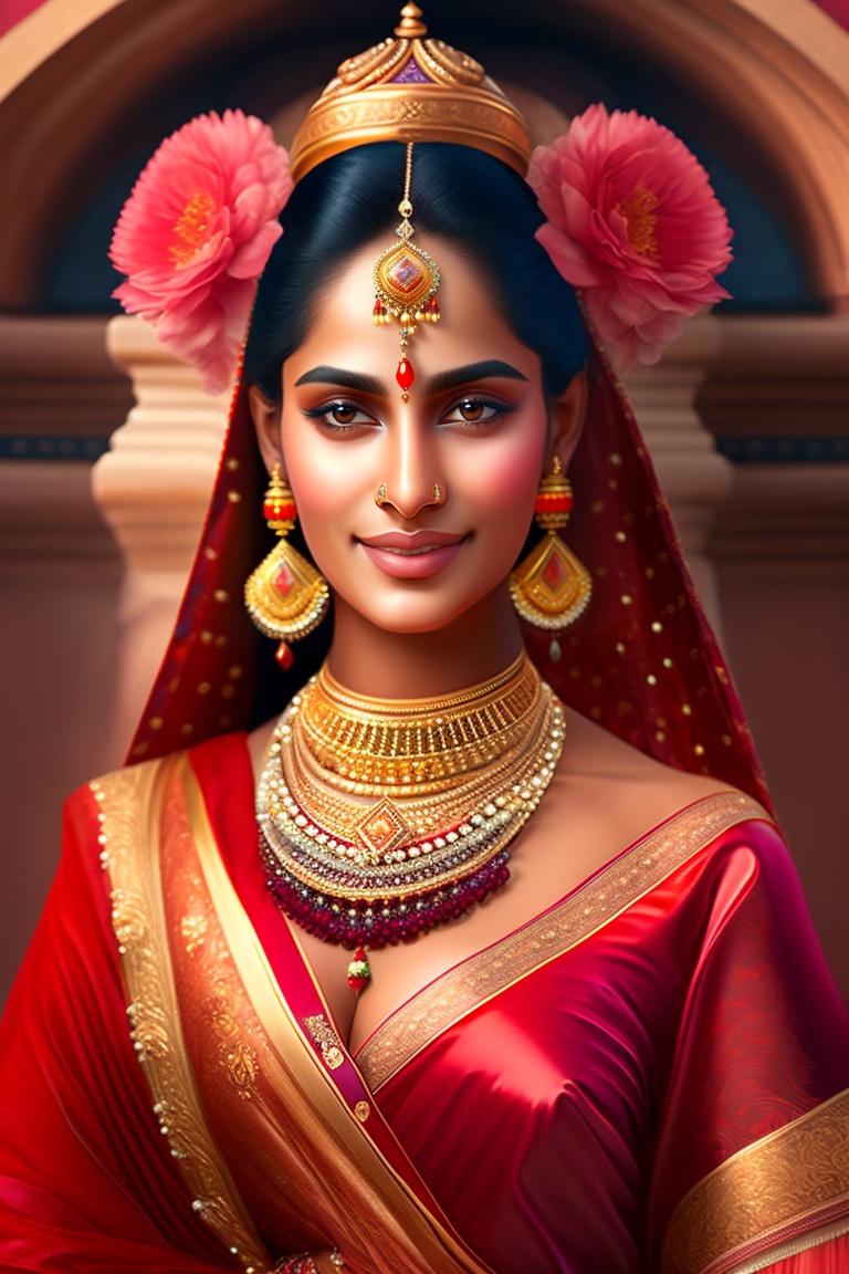 Lexica - Beautiful indian princess wearing red saree and gold jewels ...