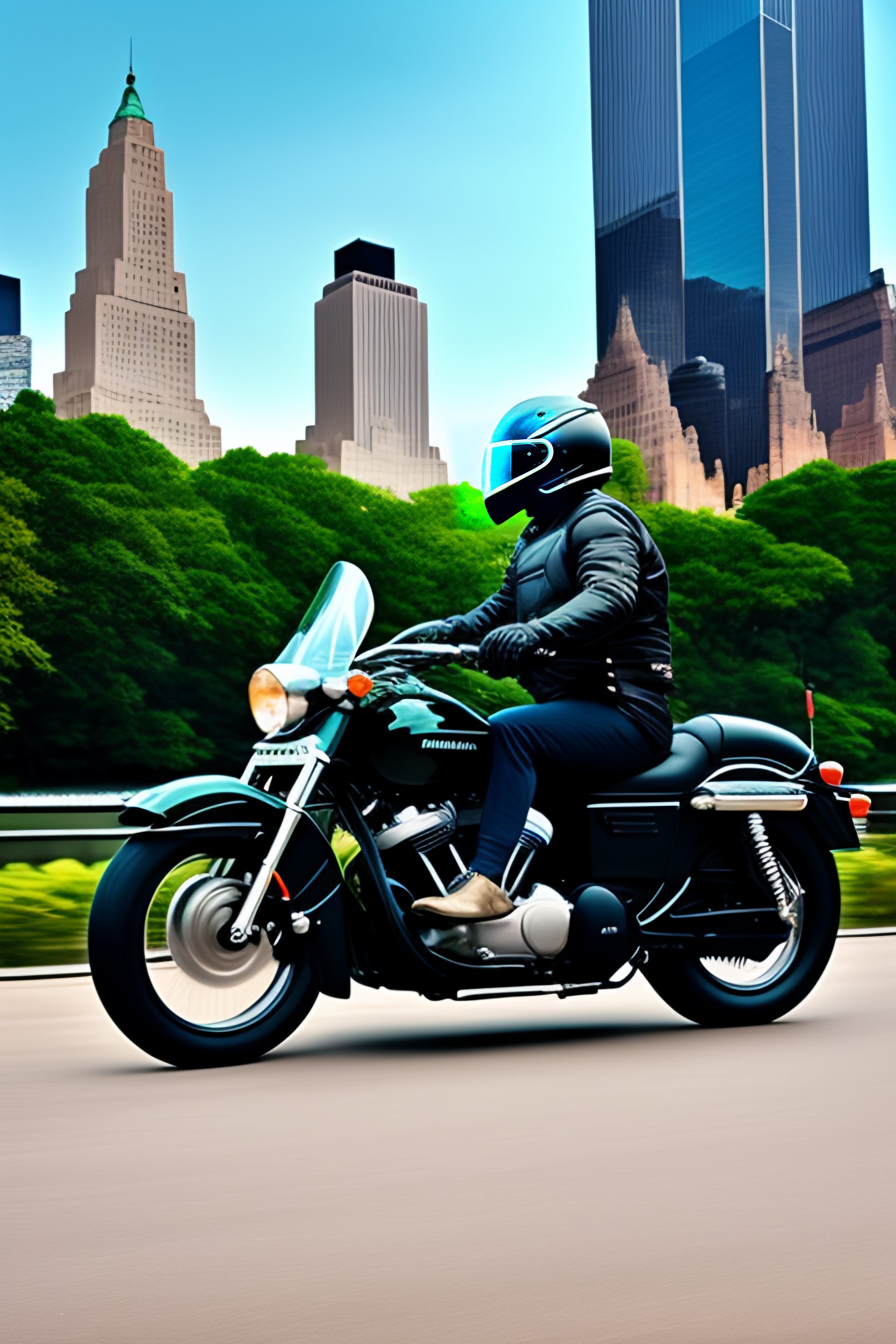 Lexica - Dolphin riding a motorcycle in Central Park, New York CIty