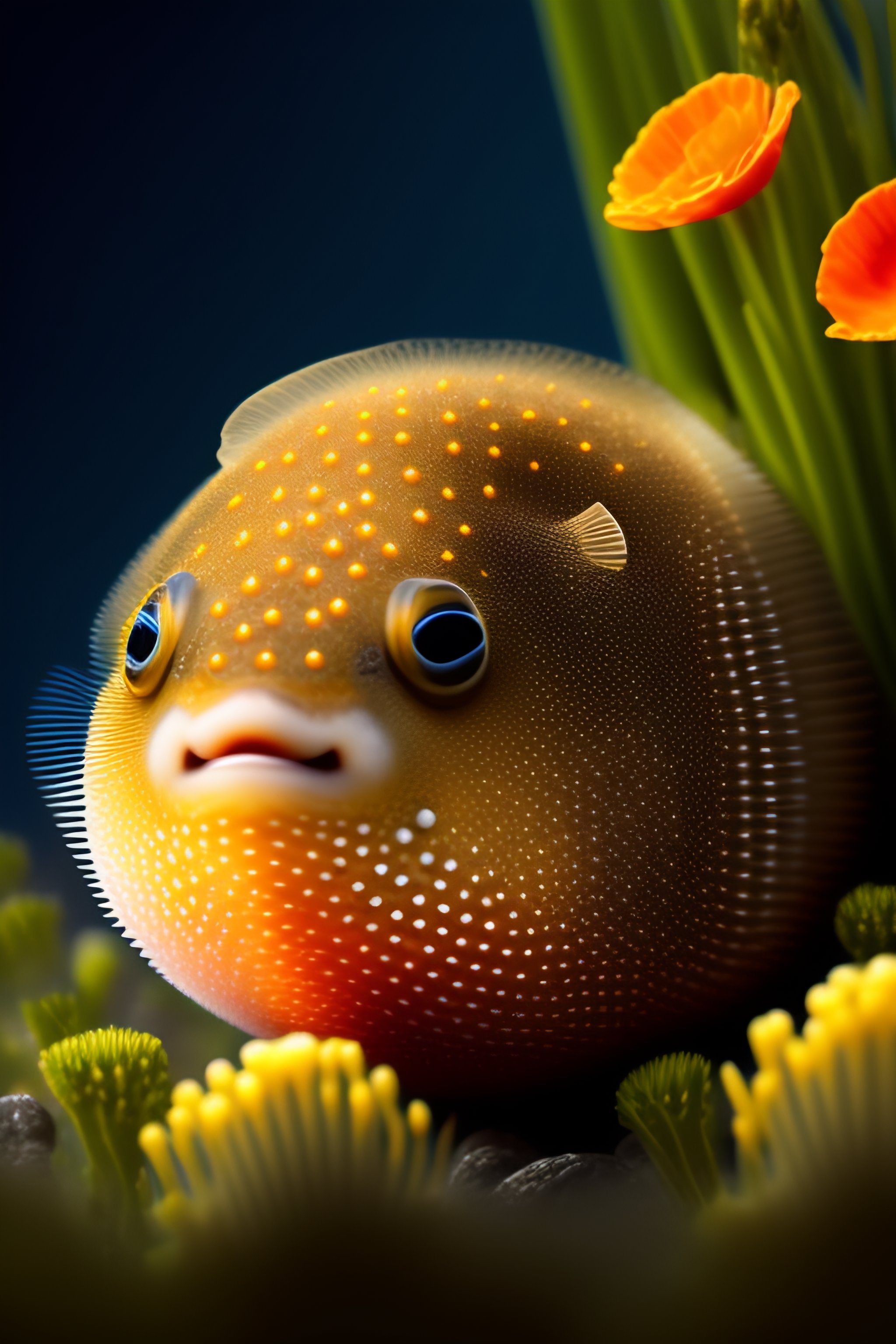 Lexica - A cute puffer fish relaxing in a field of flowers
