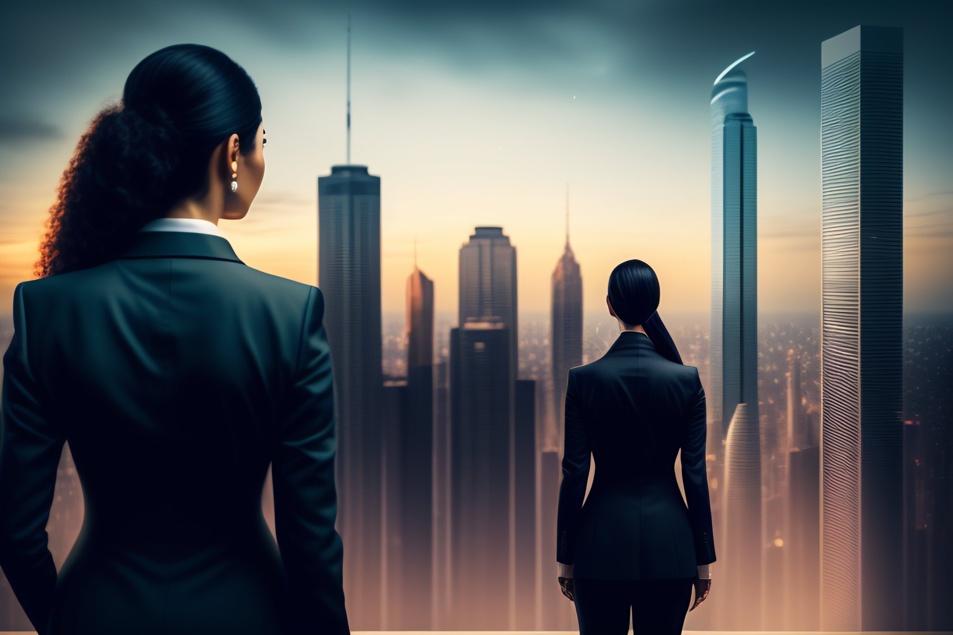 Lexica - Woman in suit staring down at dark skyscrapers over the ...