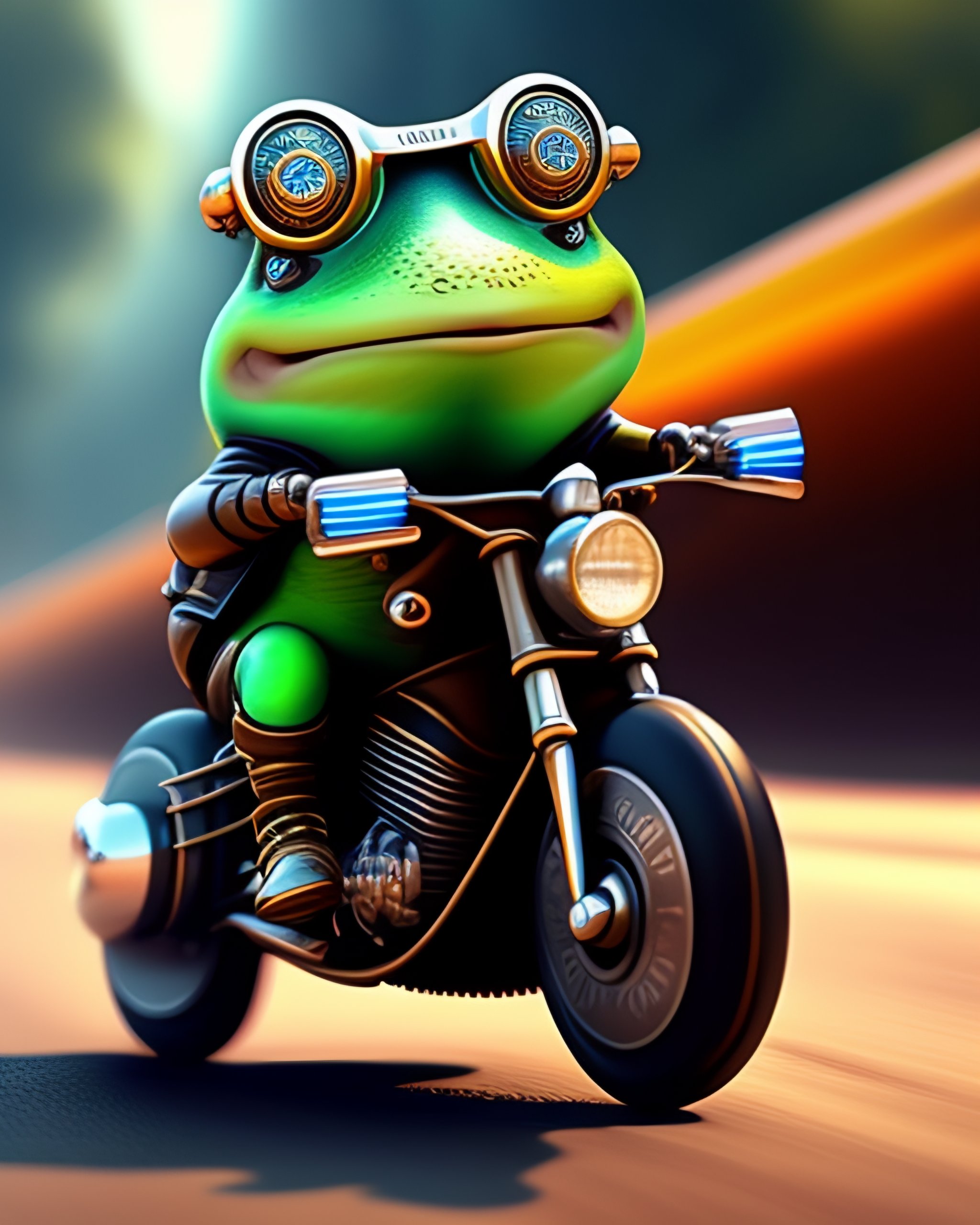 Lexica - Crazy frog with steampunk galsses, on one wheel, motorcycle, dead