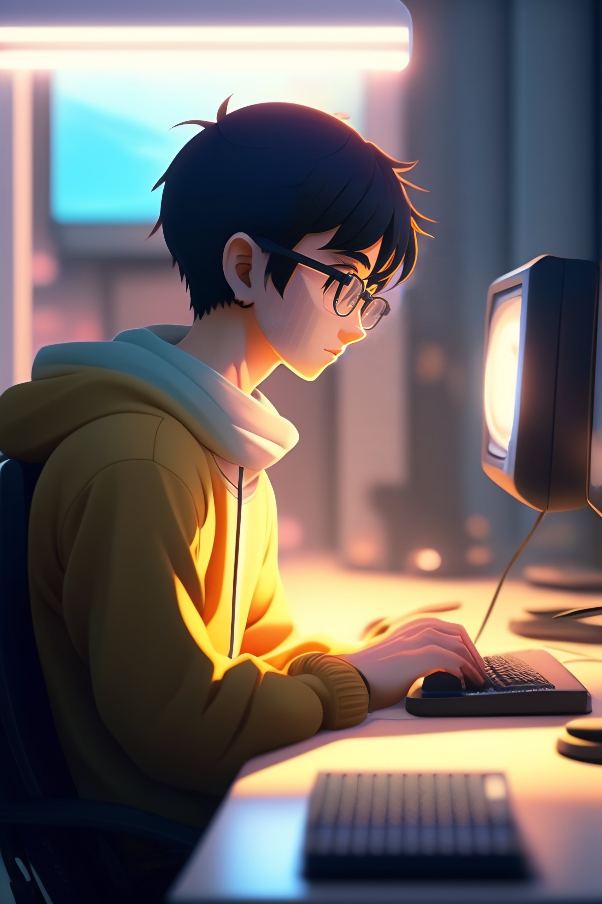 Lexica - A nerdy boy is programming at a computer in a room full of ...