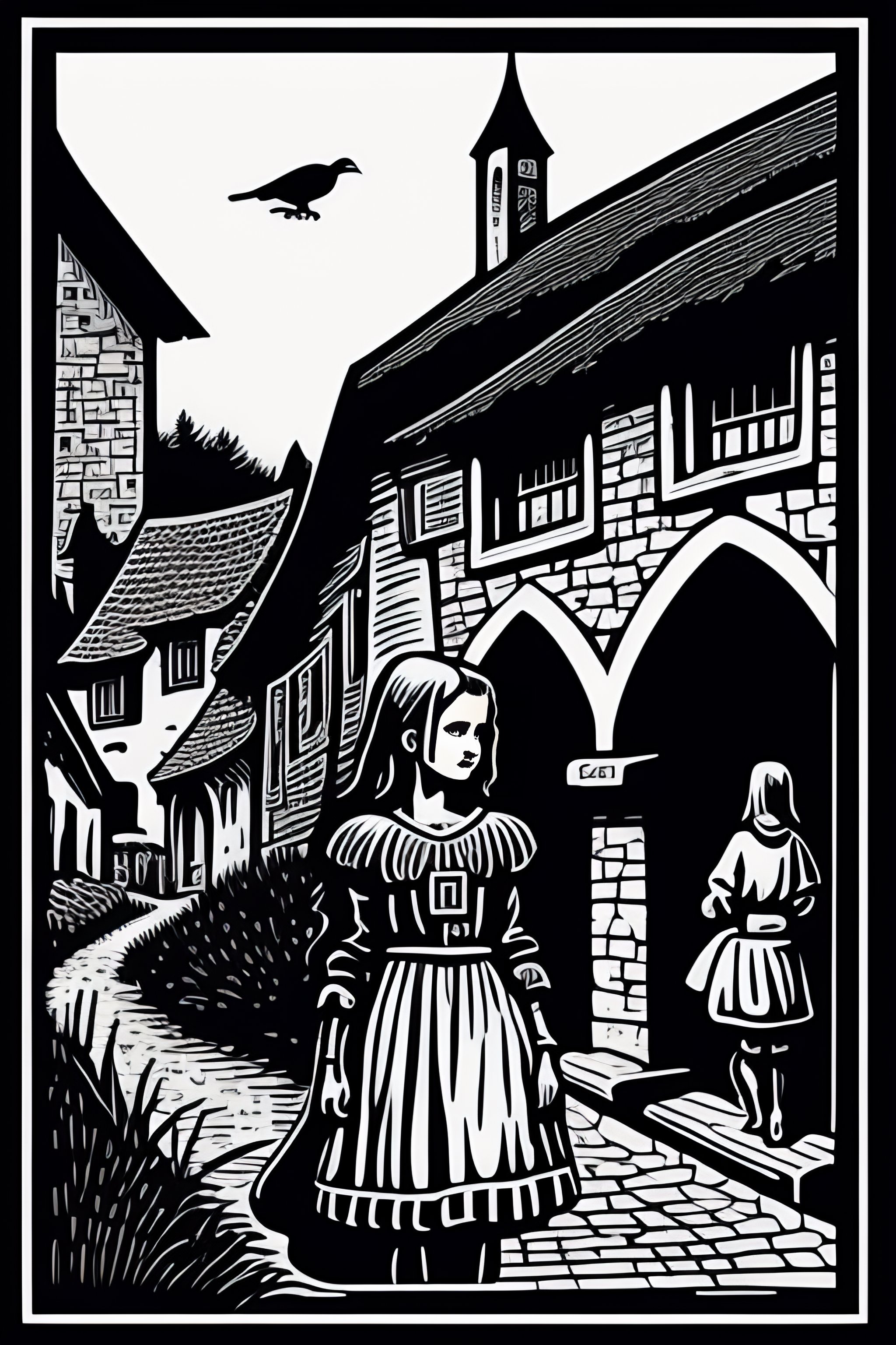 Lexica - Linocut, girl, medieval village
