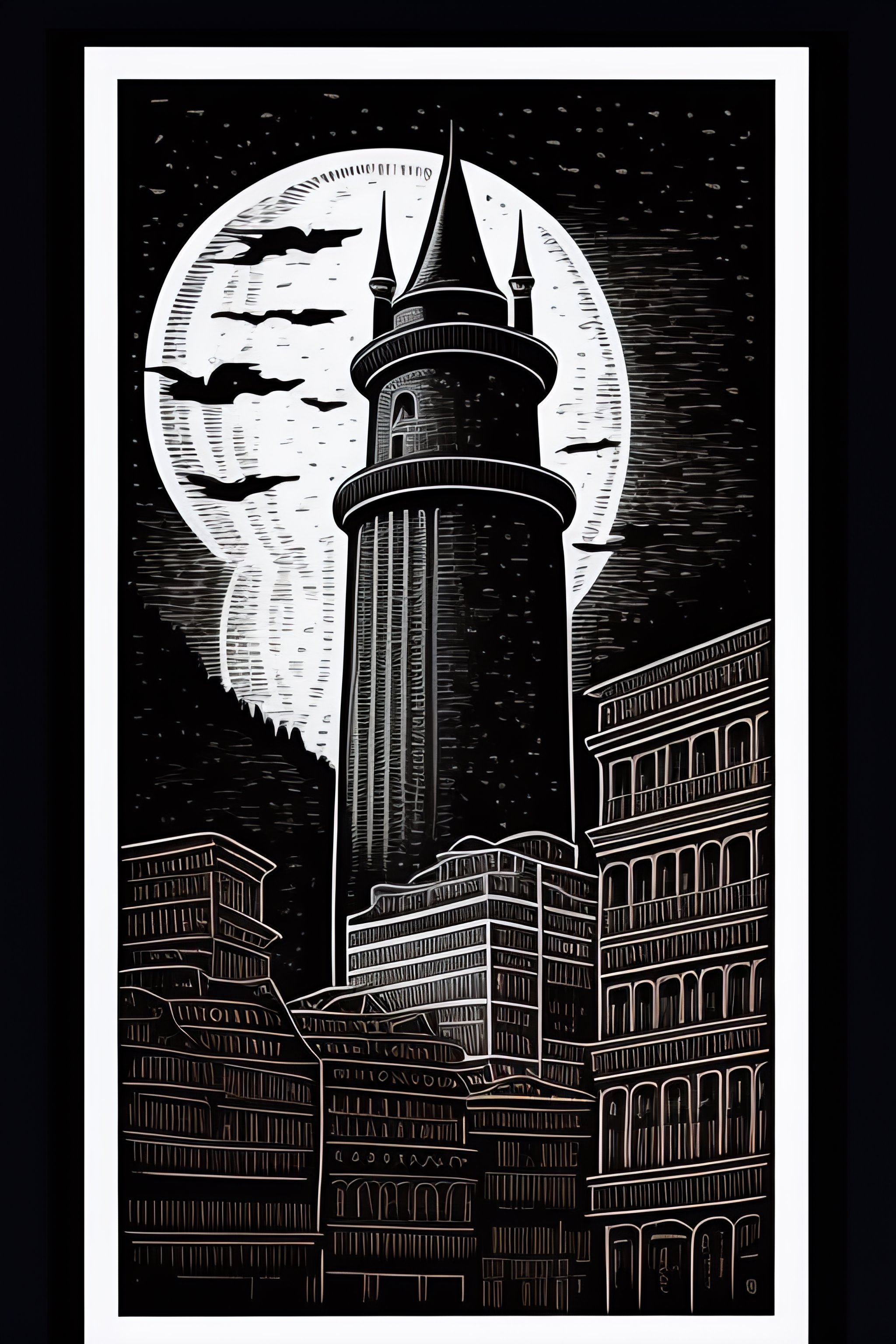 Lexica - An ultra detailed linocut art of a lonely and impossibly tall ...