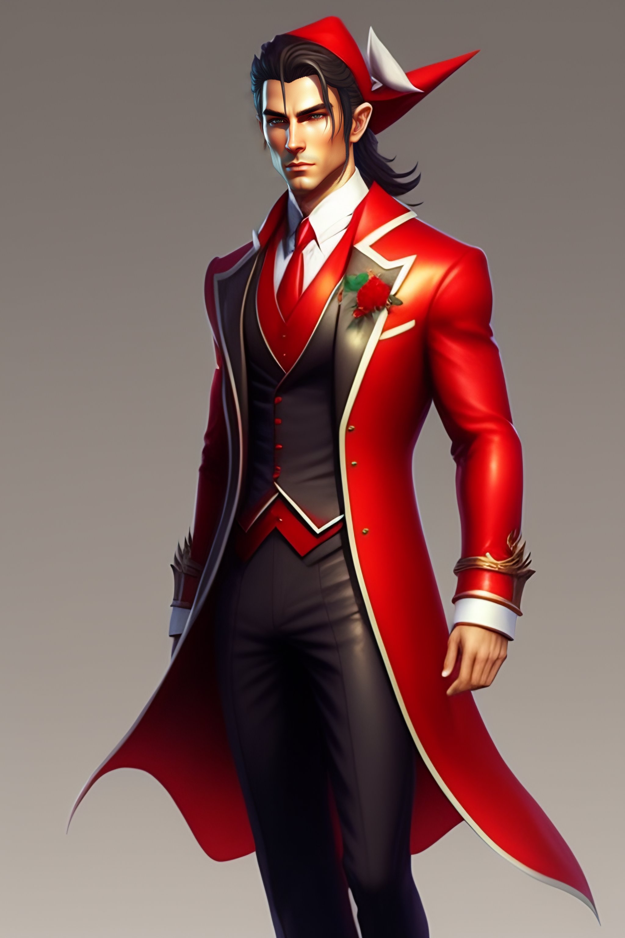 Lexica - Half-elf, suit with white coat, dark hair, red hat, red dress ...