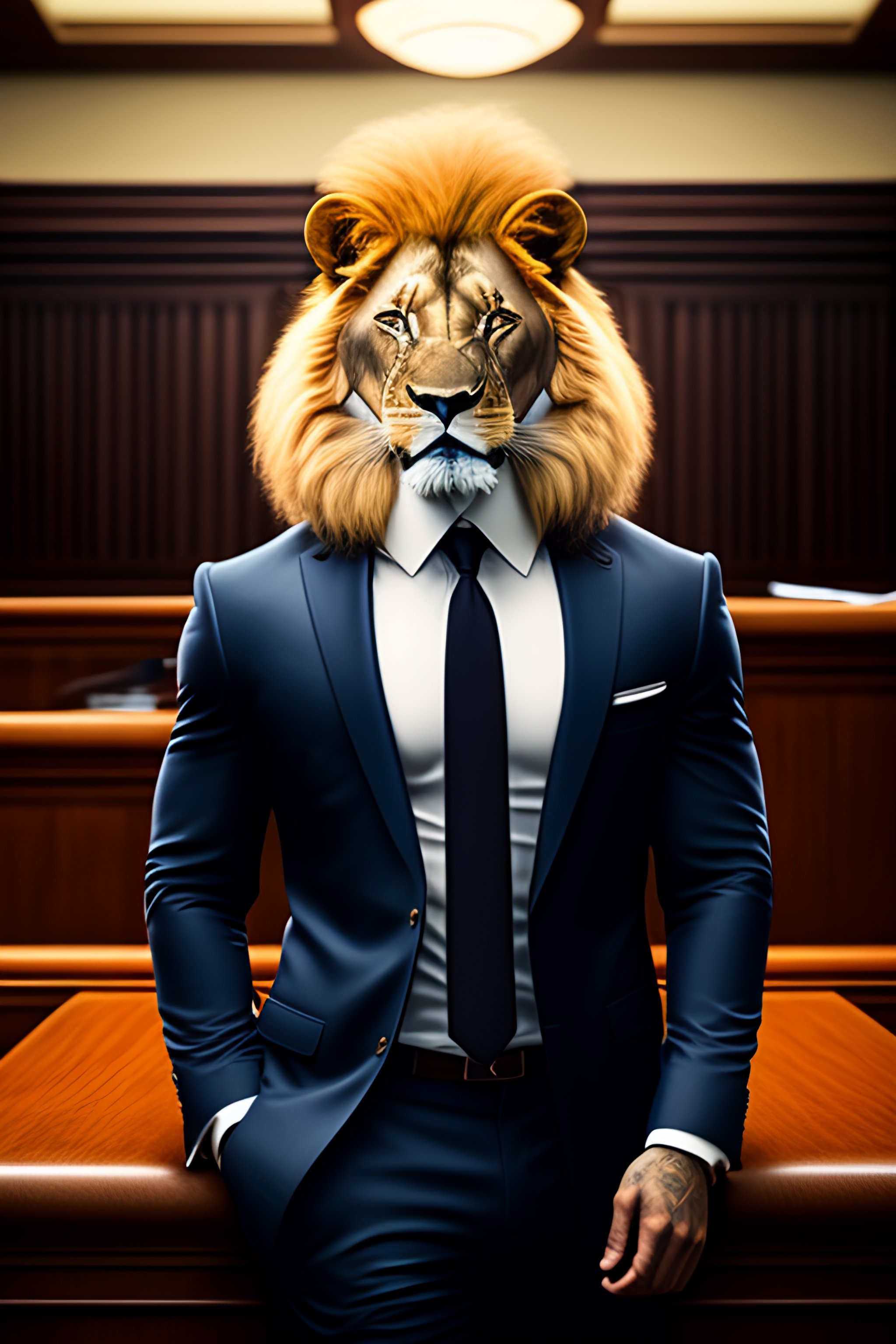 Lexica - Award-winning photo of a lion lawyer standing in court, navy ...