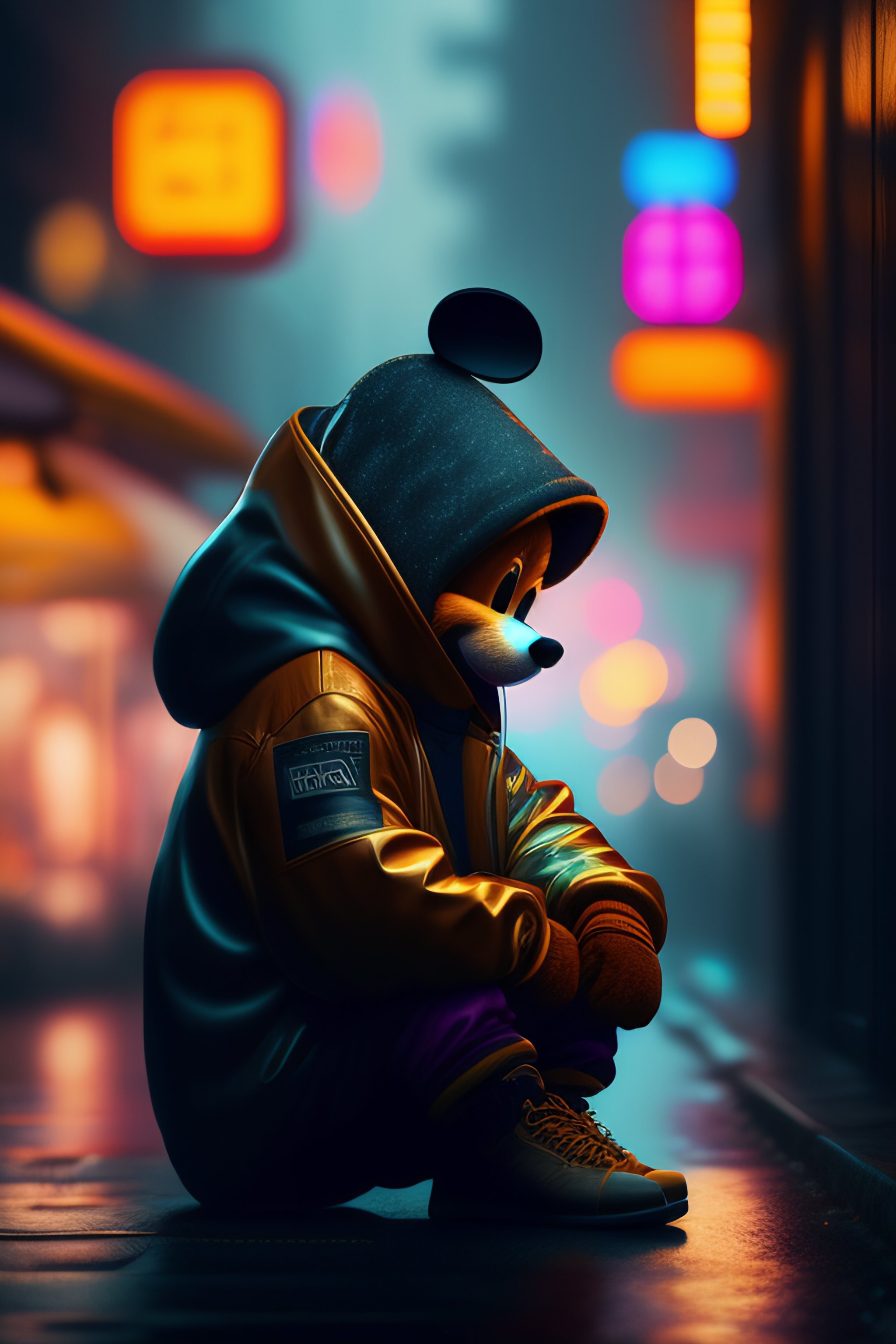 Lexica - Homeless mickey mouse sitting dejected on a curb, bottles at ...