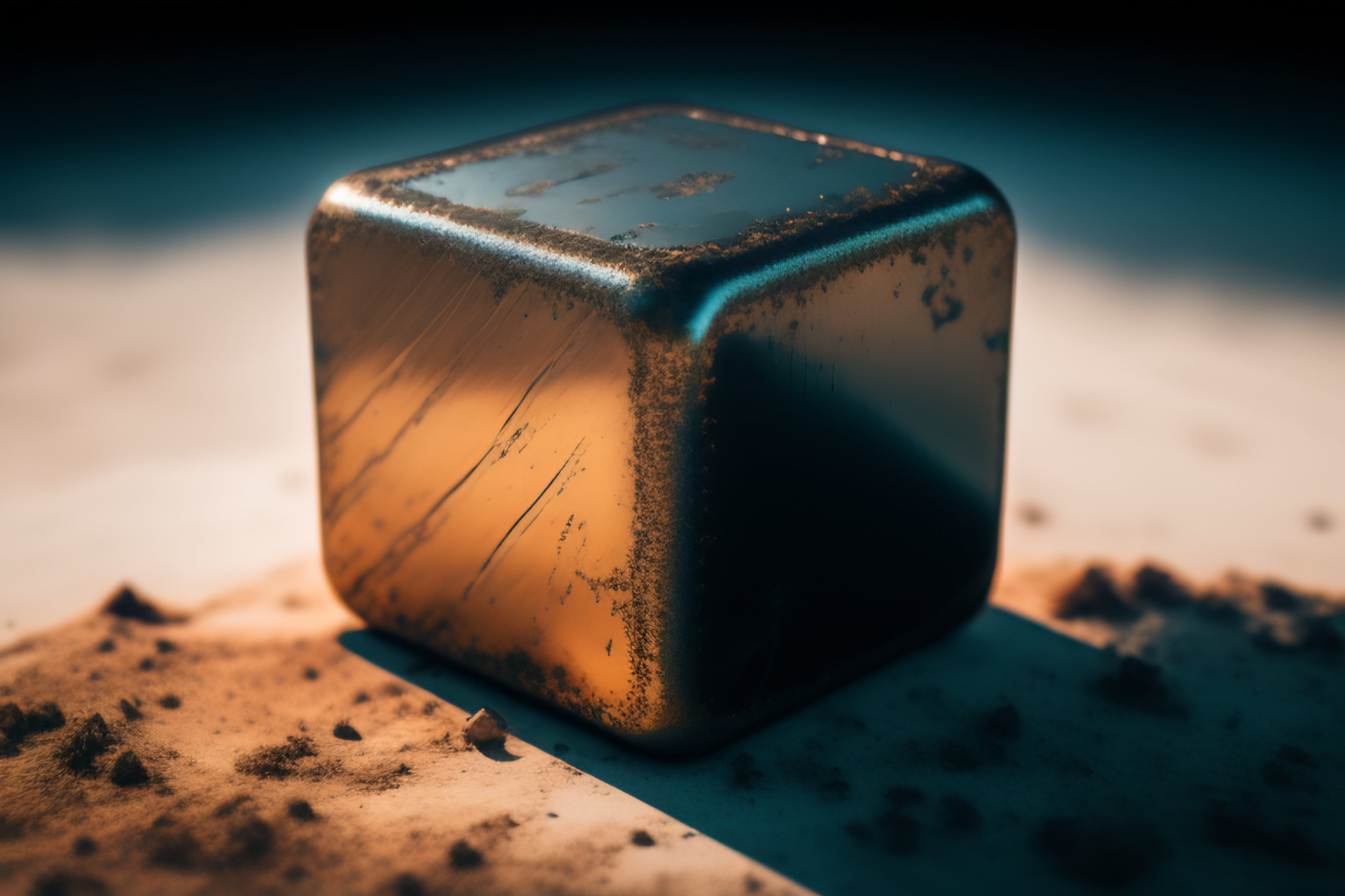 Lexica - Photograph of corroded metal cube with markings etched onto ...