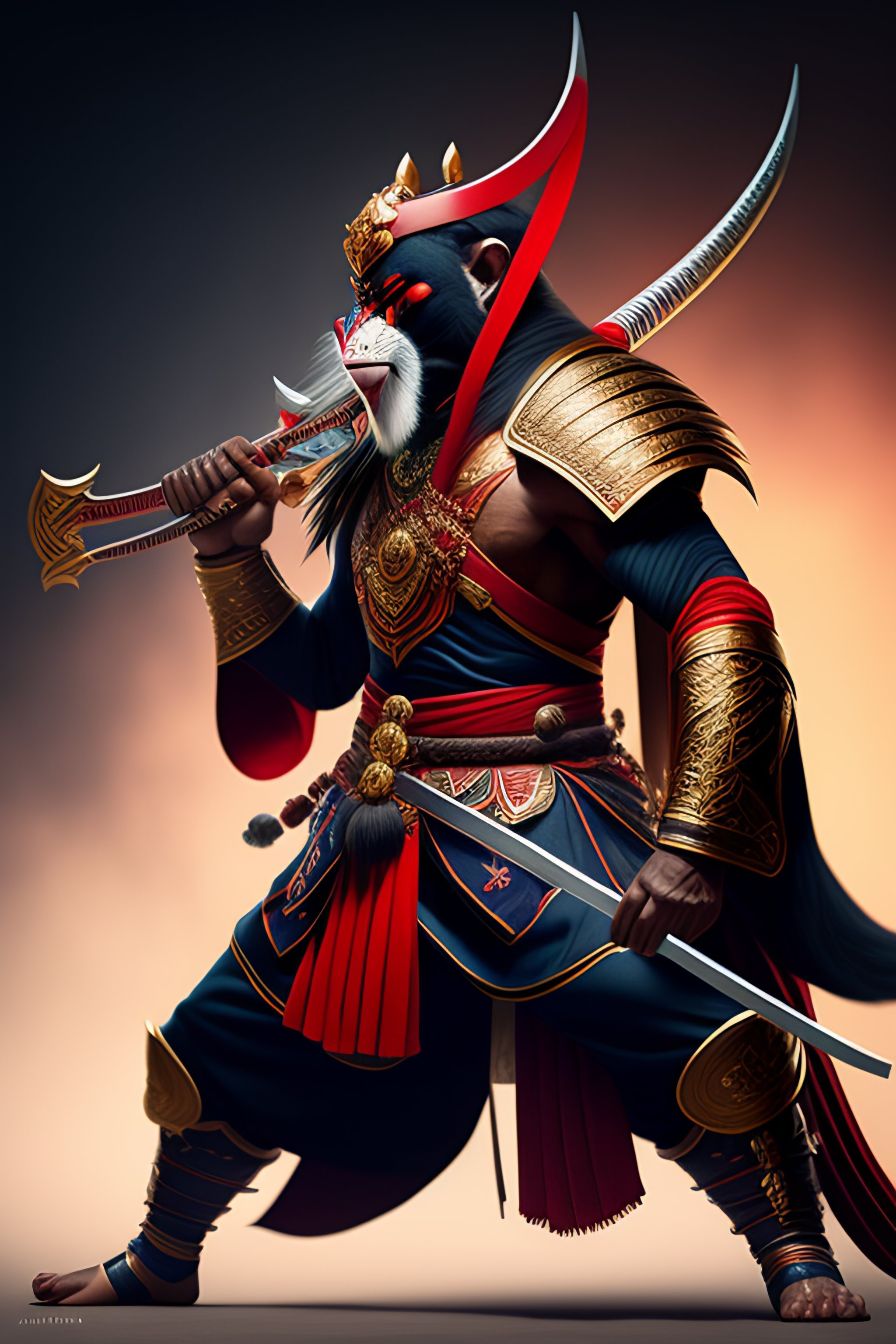 Lexica - Award-winning photo of a Mandrill samurai, red eyes, holding ...