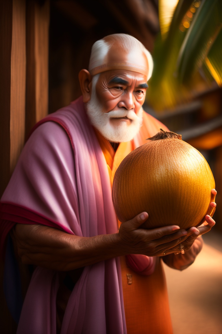 Lexica - Image of an old monk in his hand holding a coconut, looking ...