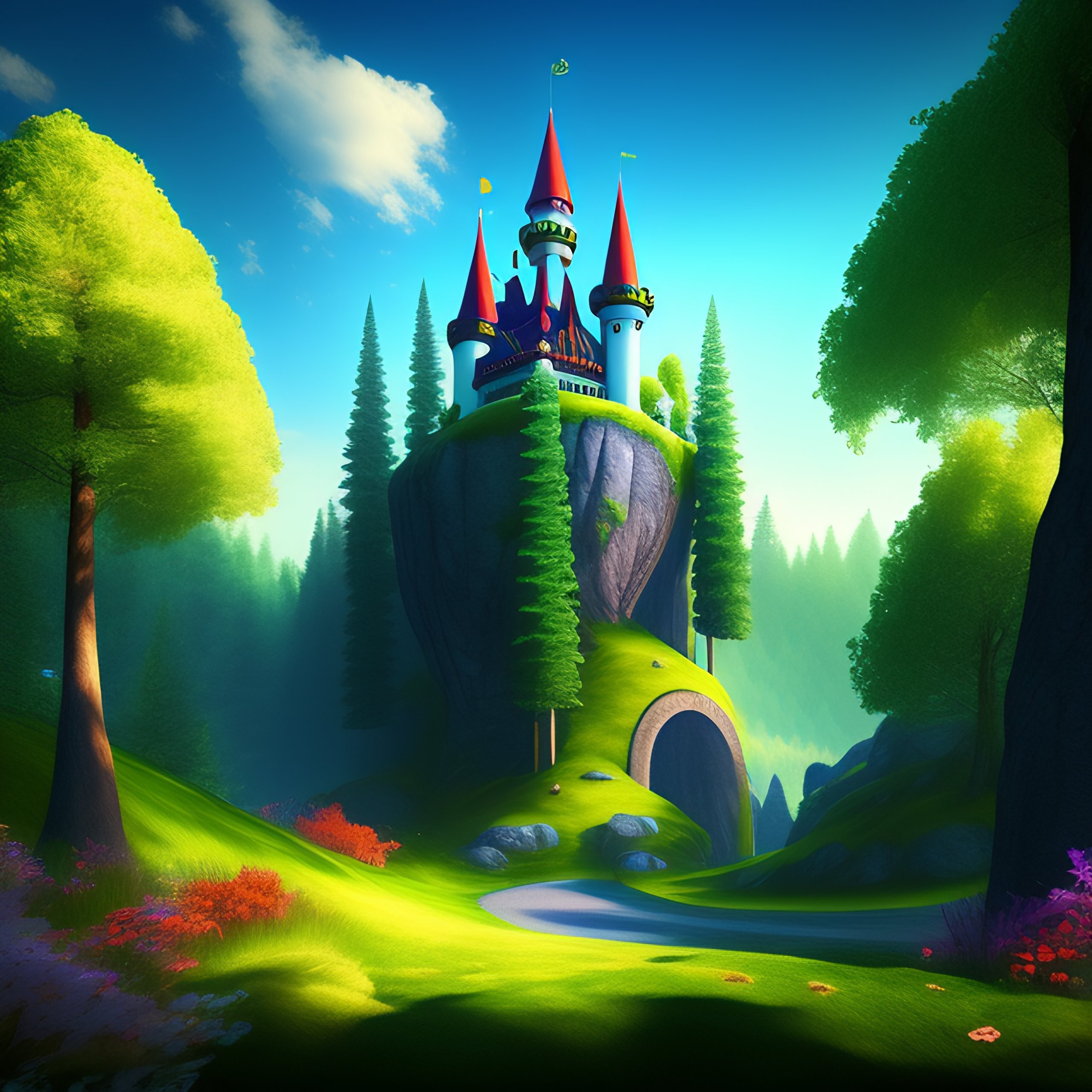 lexica-fantasy-castle-on-green-hill-forest-trees-blue-sky-sunny