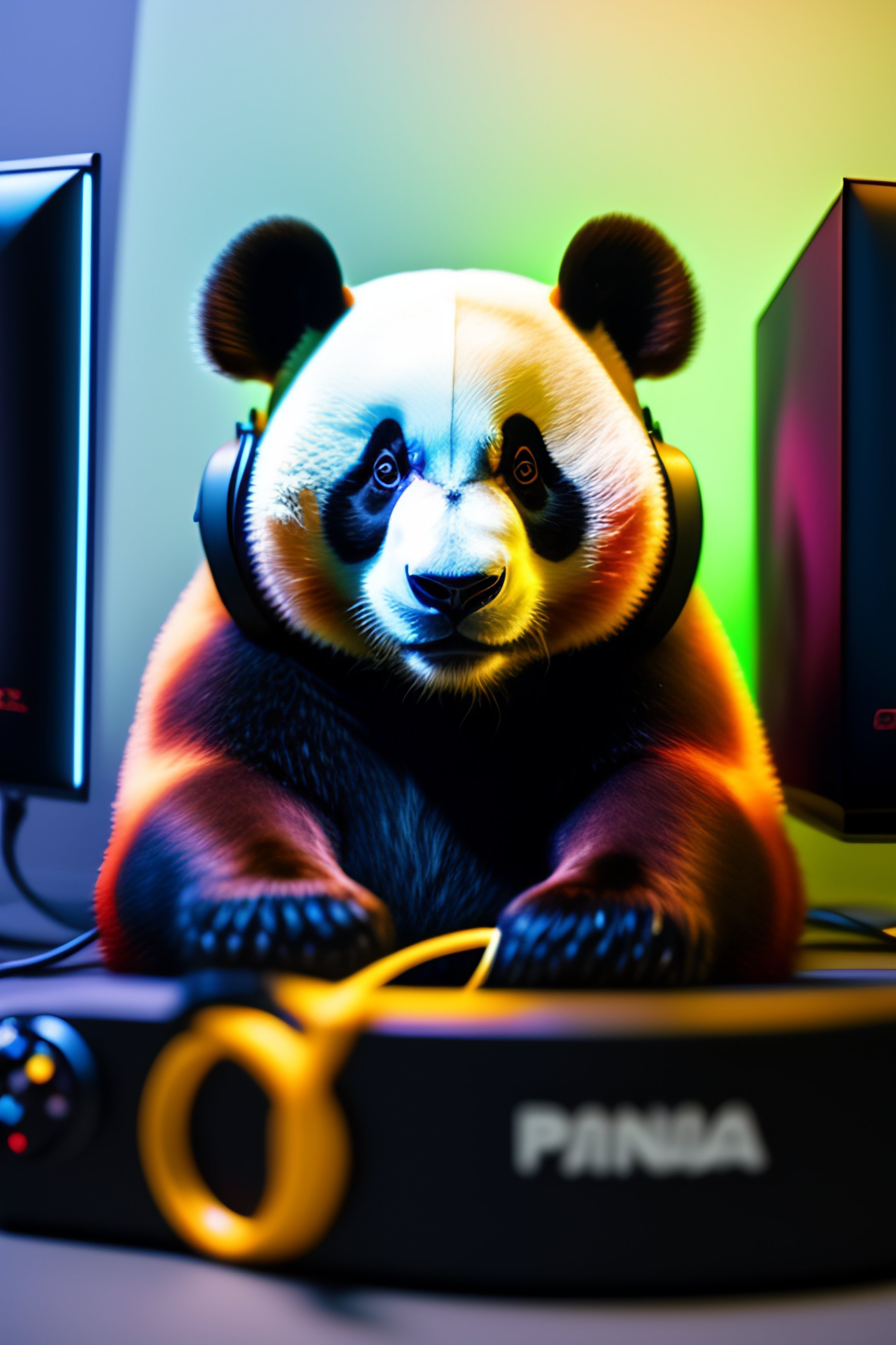 Lexica - Panda gaming in front of a pc with headphones