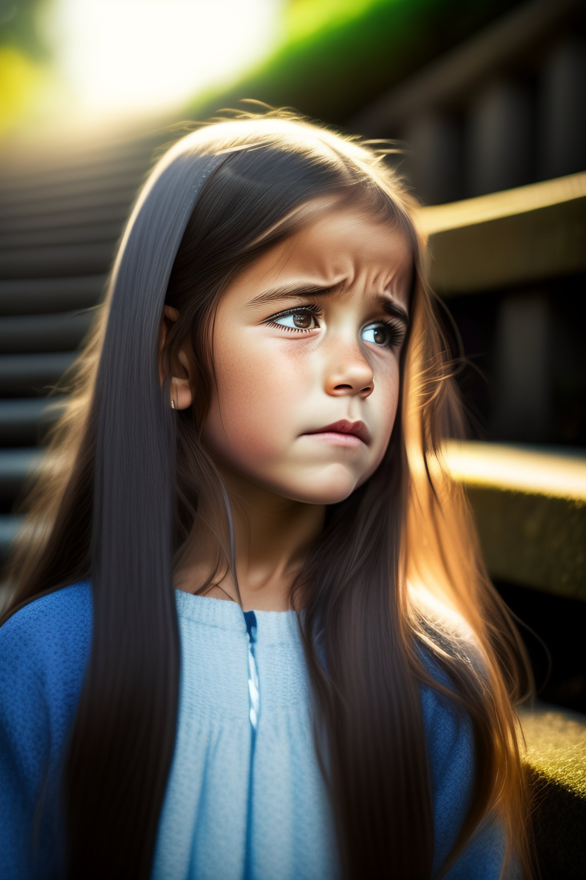Lexica - Orphan girl crying on outside steps. Long straight hair.