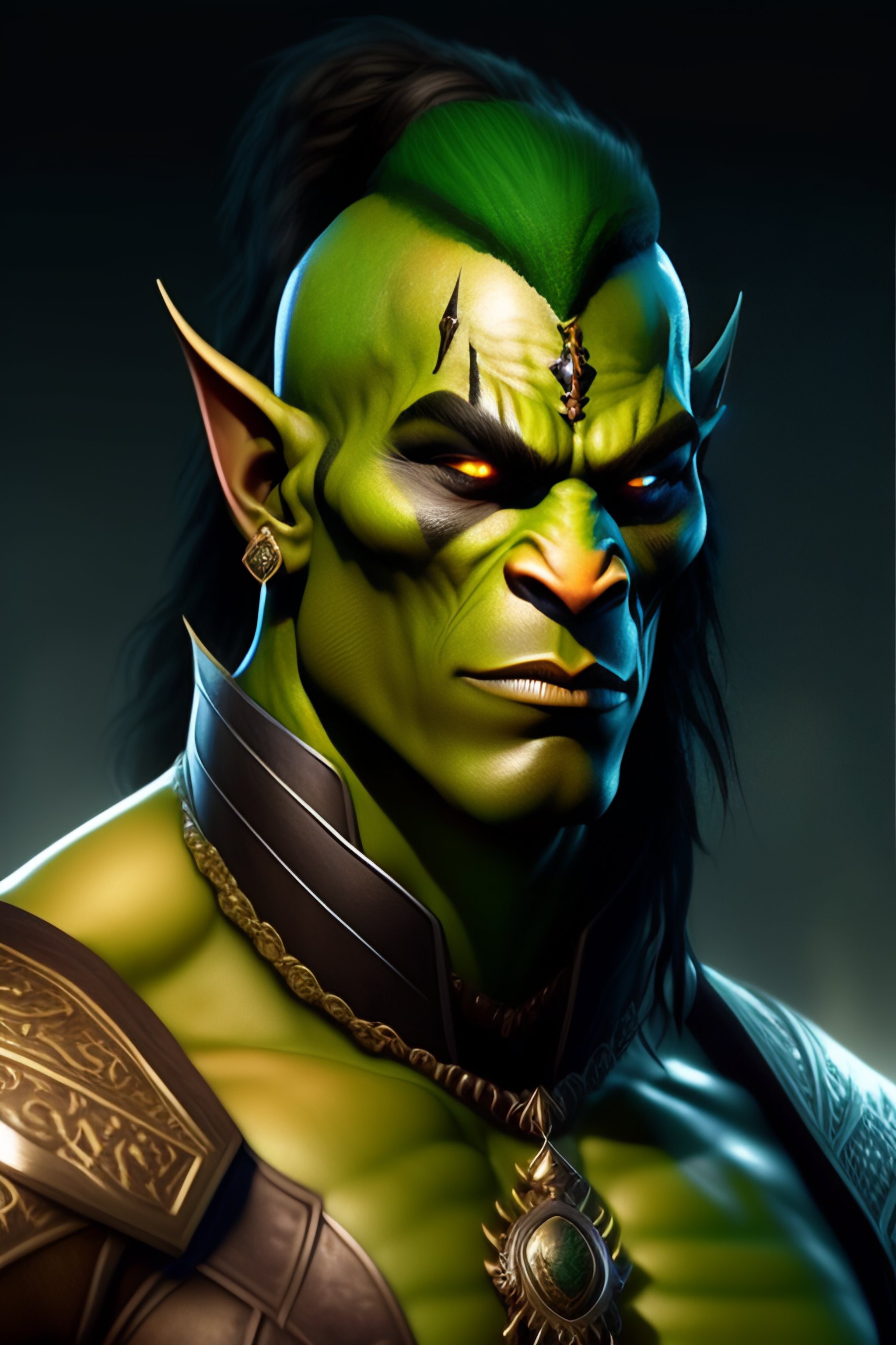 Lexica - Dark-green skinned friendly kind handsome orc