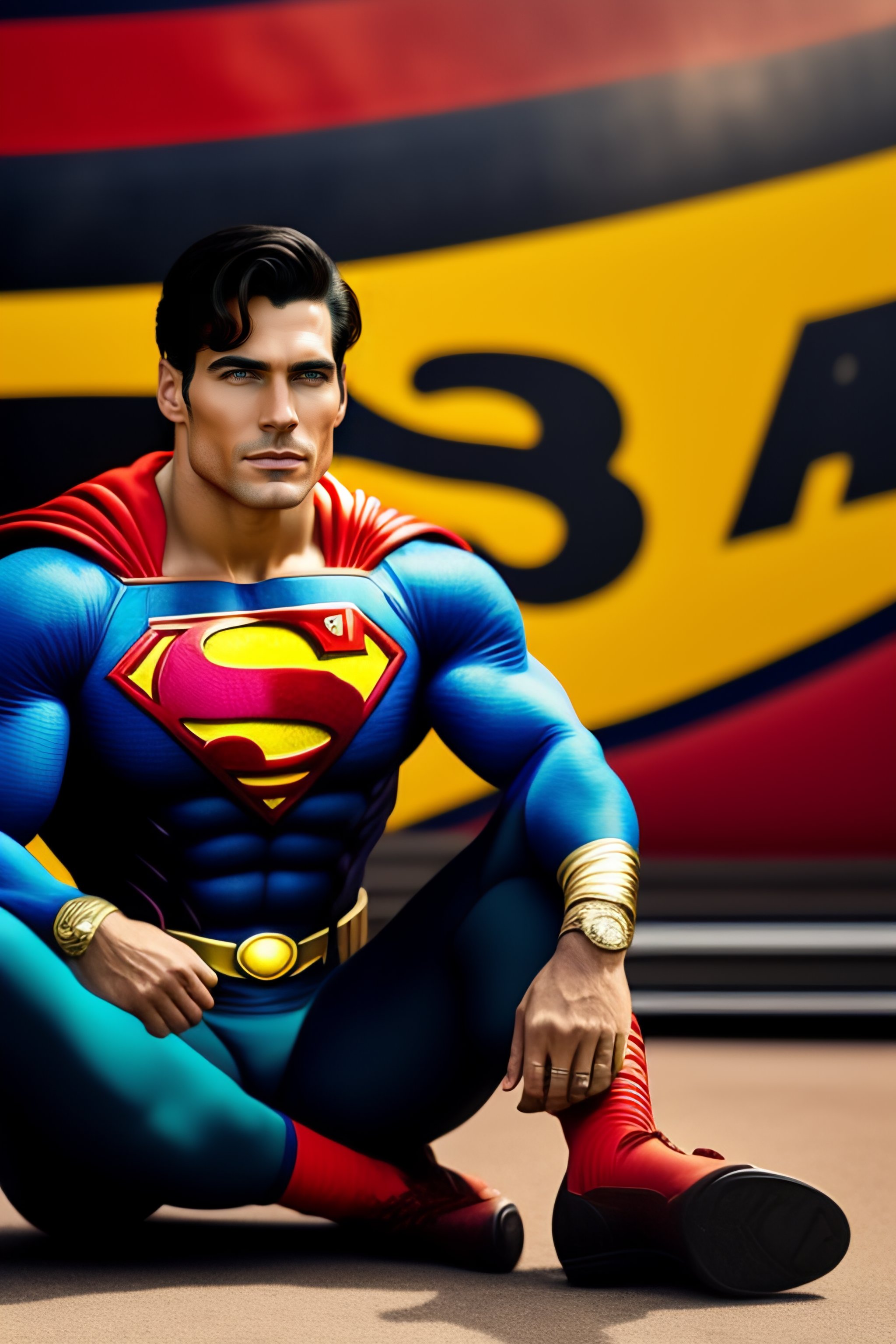 Lexica - Full length photograph of superman sitting down sit head in ...