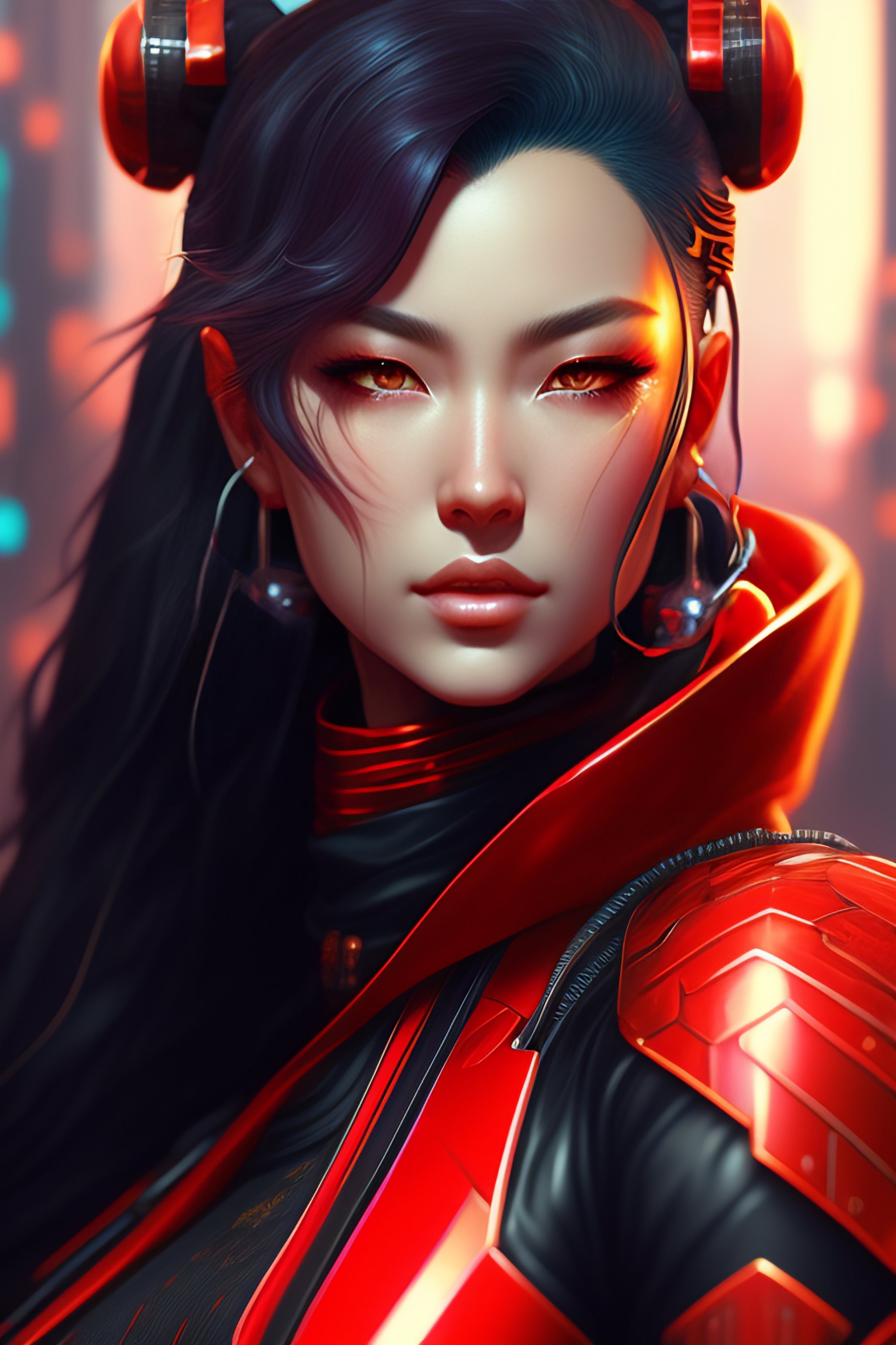 Lexica - Right facing, Portrait of a cyberpunk red cyborg ninja, third person, D&D, sci fi ...