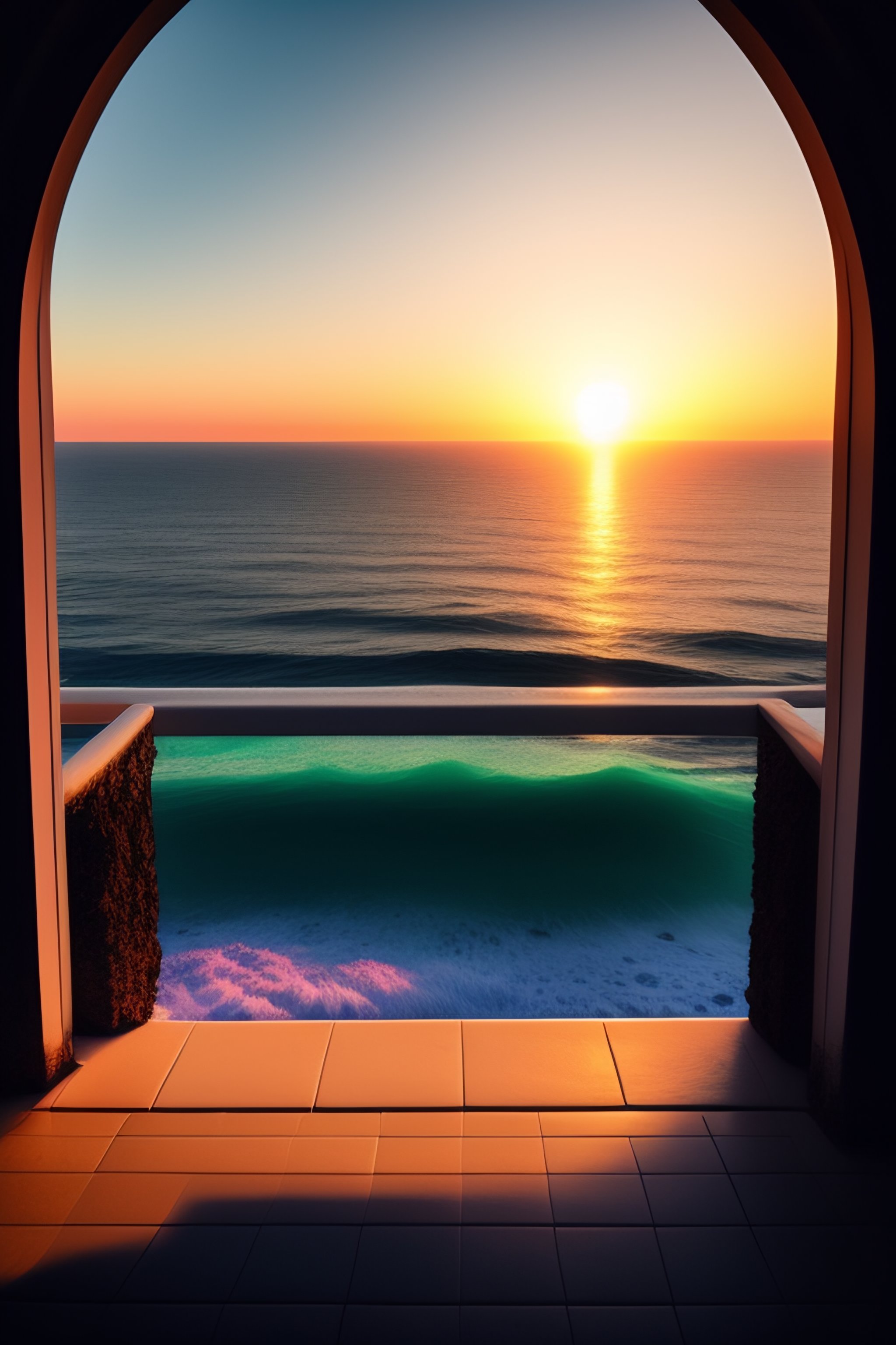 Lexica - Beautiful view towards the sunset in the sea from the balcony ...