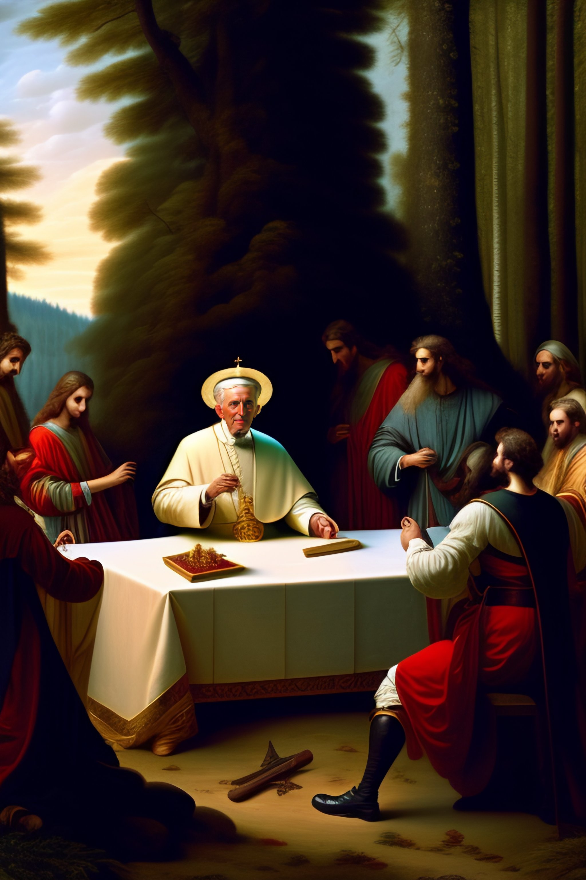 Lexica - Pope Benedict dead on a wooden table in a forest, surrounded ...