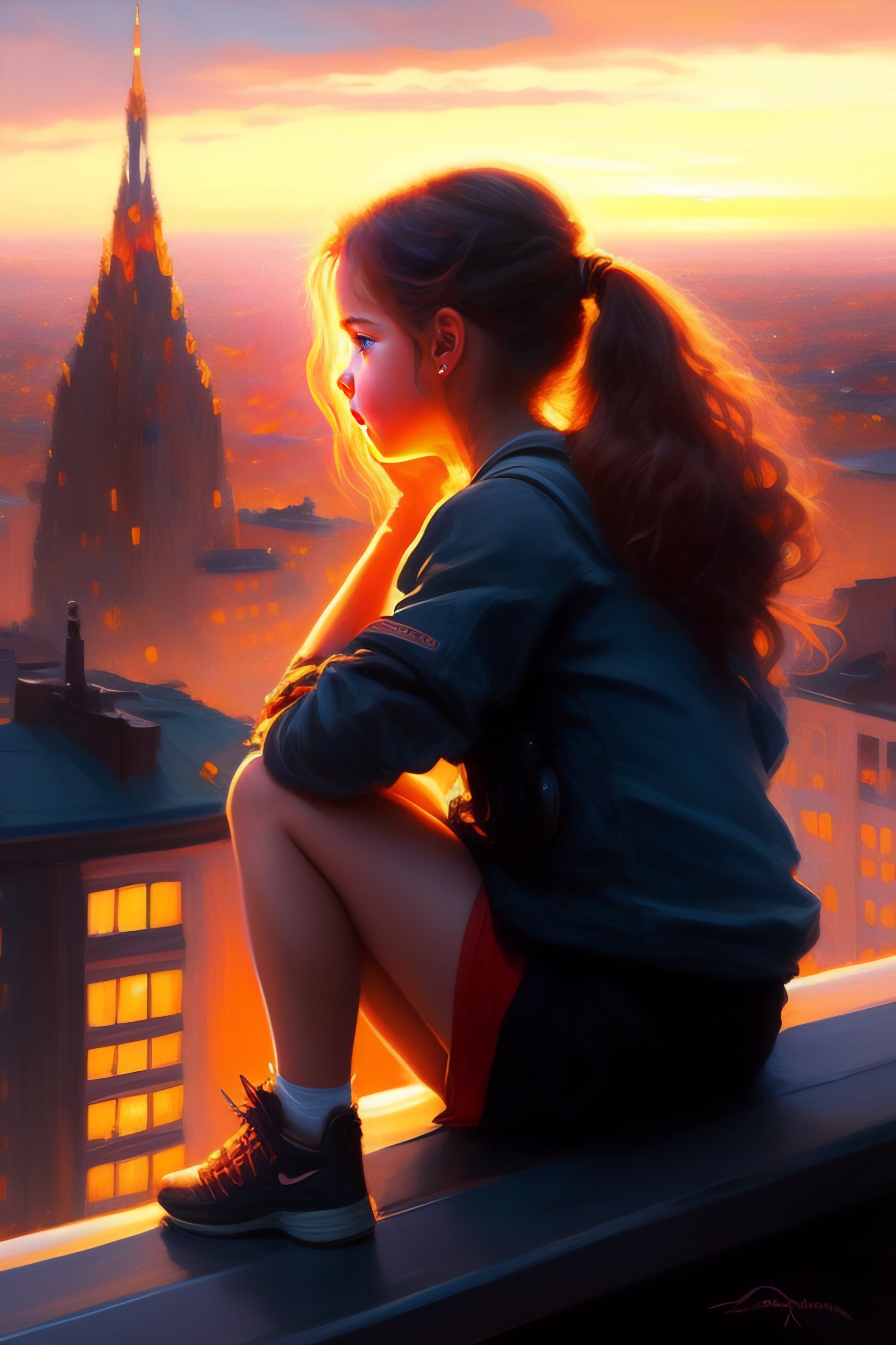 Lexica - “ girl sitting on a roof looking down at a in flames city ...