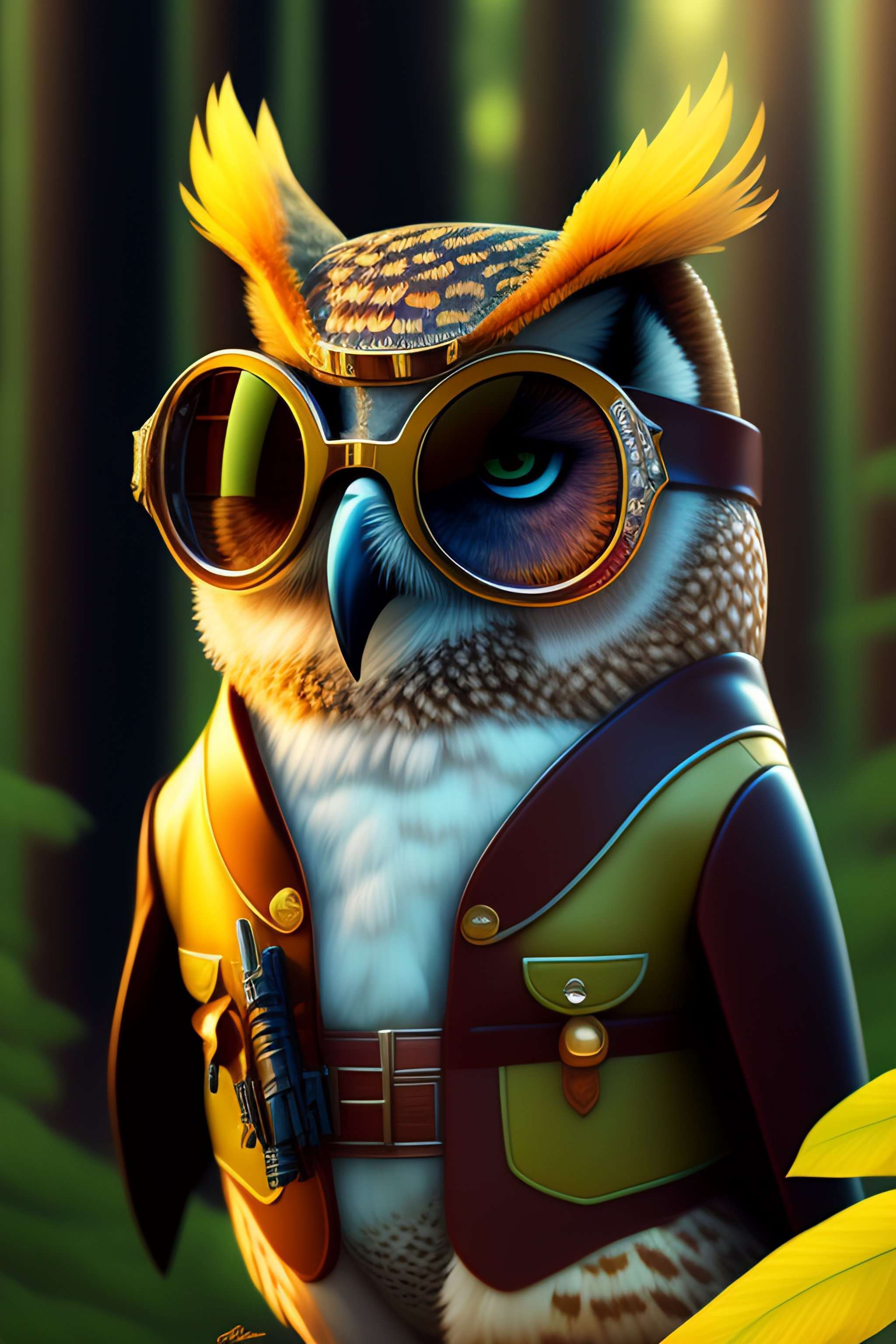 Lexica - Cool owl, holding a gun, sunglasses, tailored costume ...