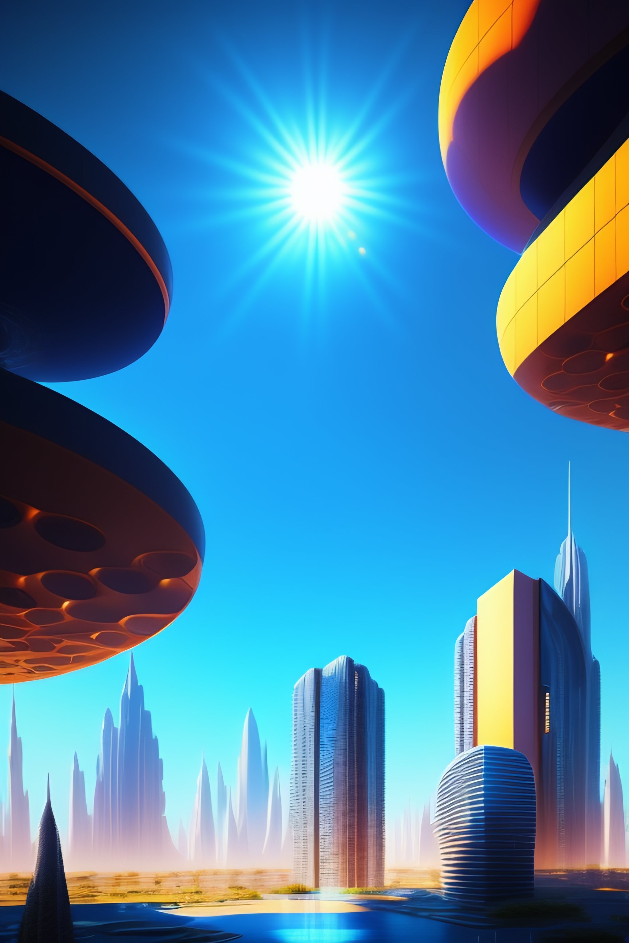 Lexica - Futuristic city trees rebel blue sky sun