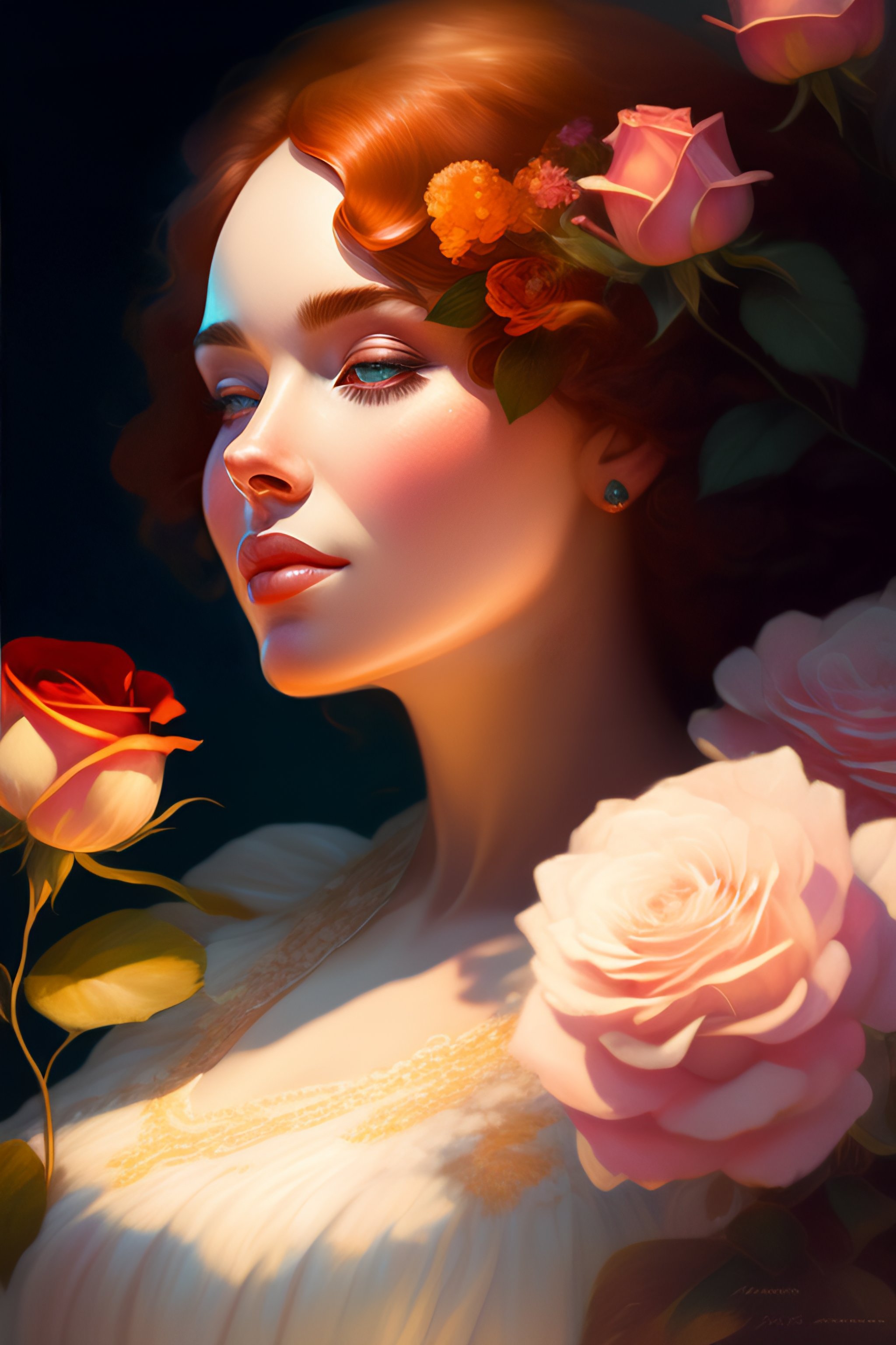 Lexica - Christina Hendricks, woman smelling a flower, roses everywhere ...