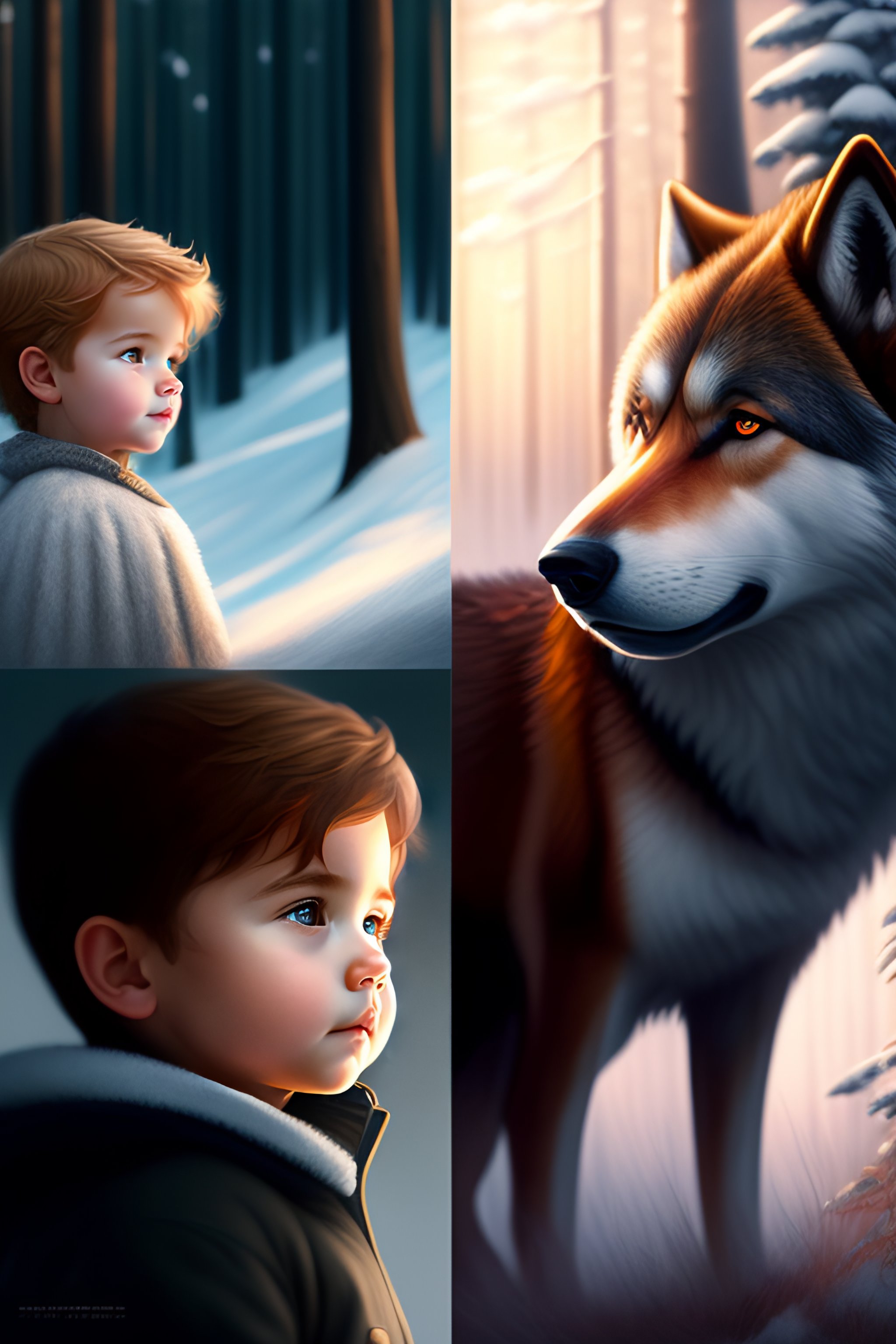Lexica - A cinematic portrait of little boy and a big wolf with a ...
