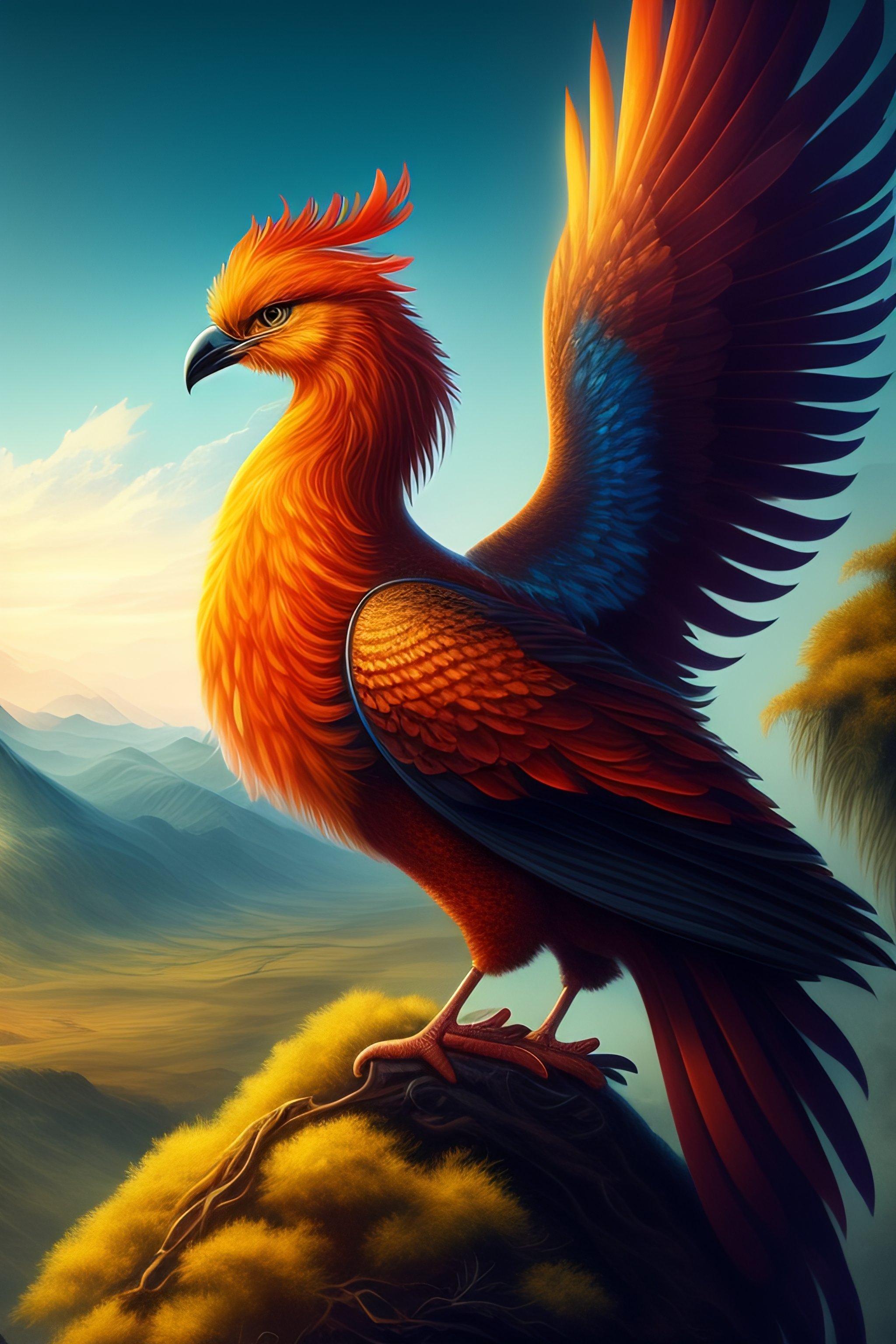 Lexica - Landscape, on it a woman in the form of a phoenix bird ...