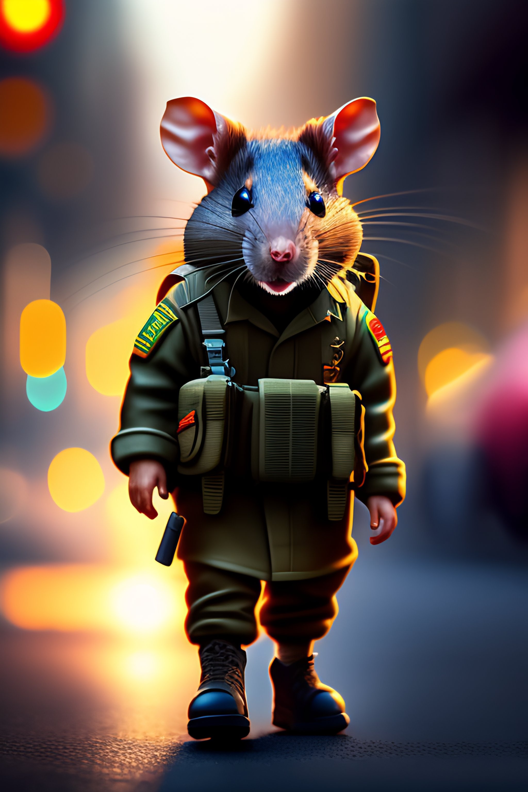 Lexica - A military rat with a machine gun walking with a baby by an ...