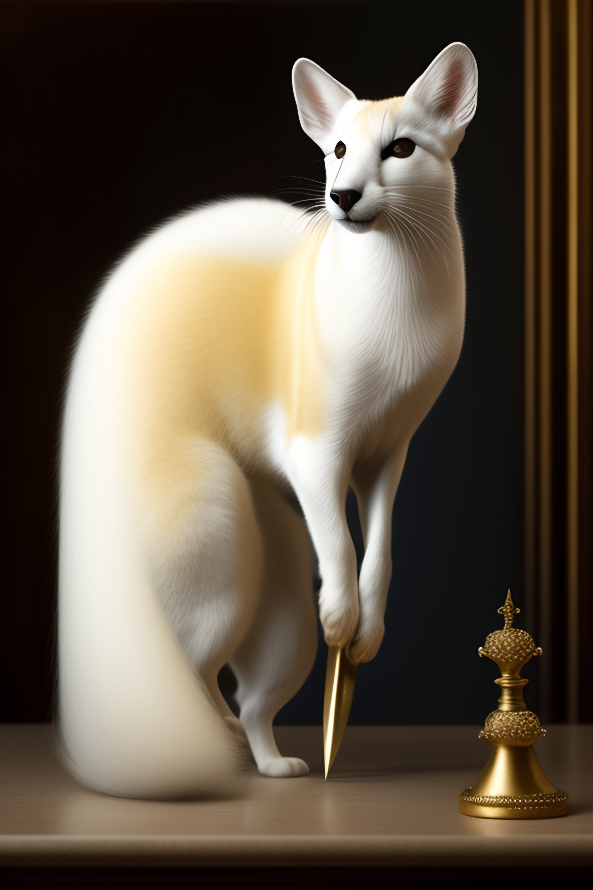 Lexica - Angry white ermine in lying position with one paw on a dagger