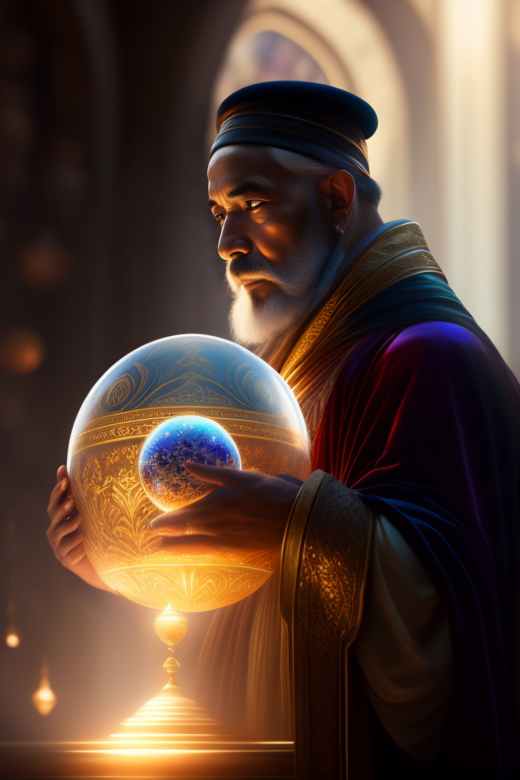 Lexica - A wise wizard holding a crystal ball, Full body shot ...