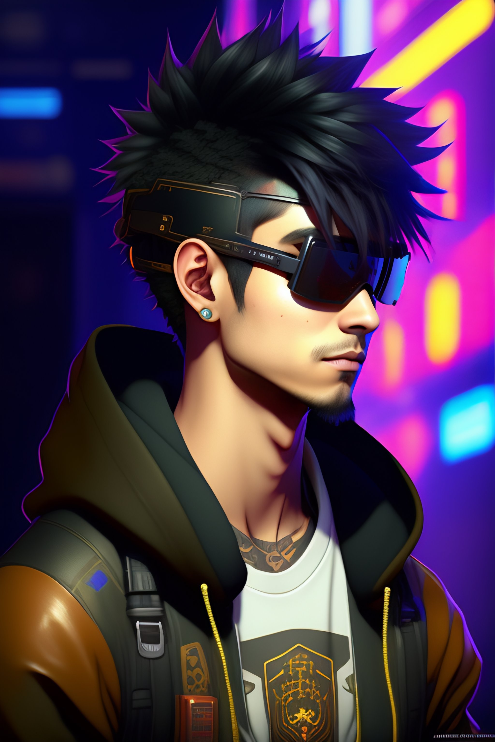 Lexica - Cyberpunk programmer anime boy wearing hoodie, with messy hair ...