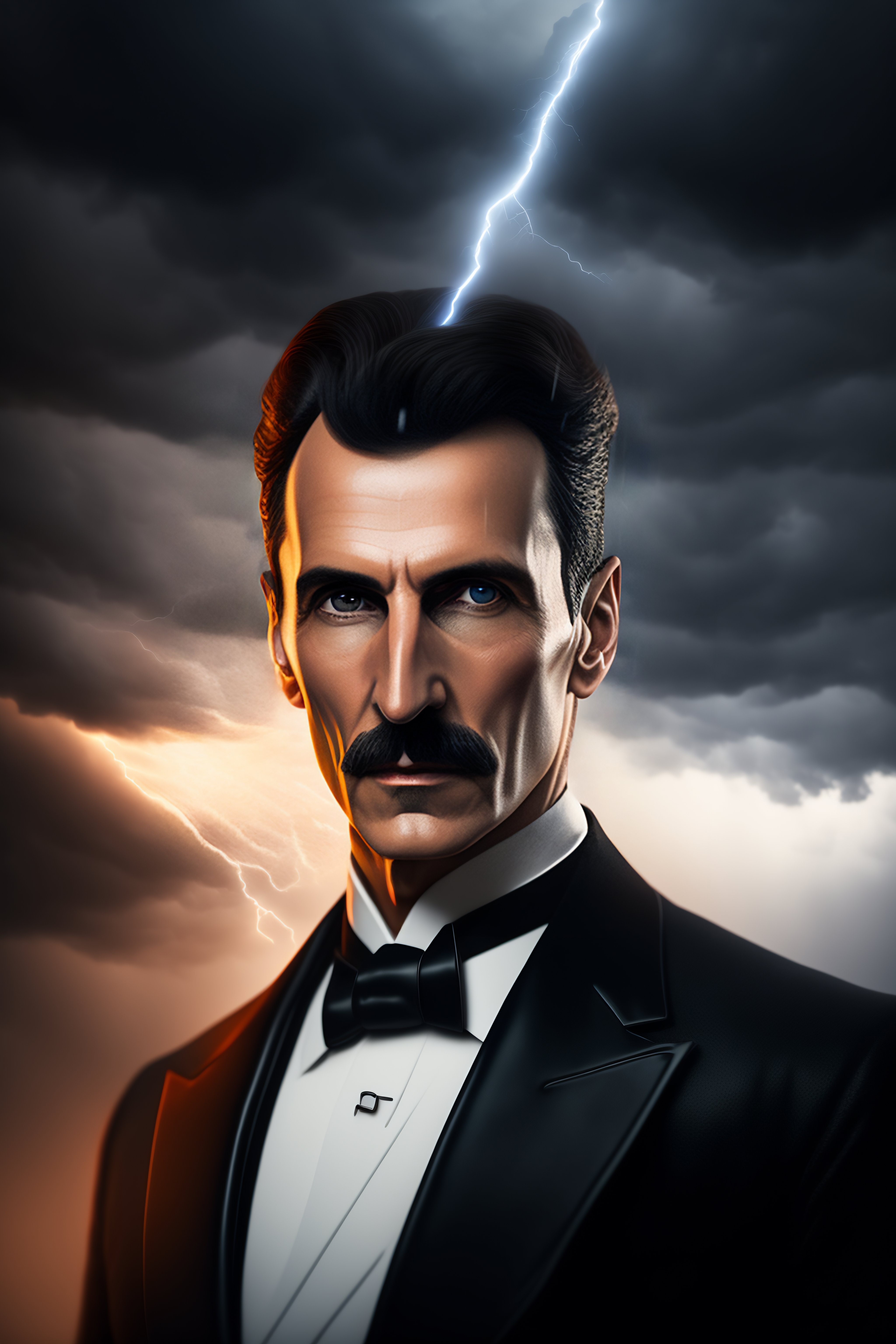 Lexica - Portrait of Nikola Tesla in the background of a thunderstorm ...